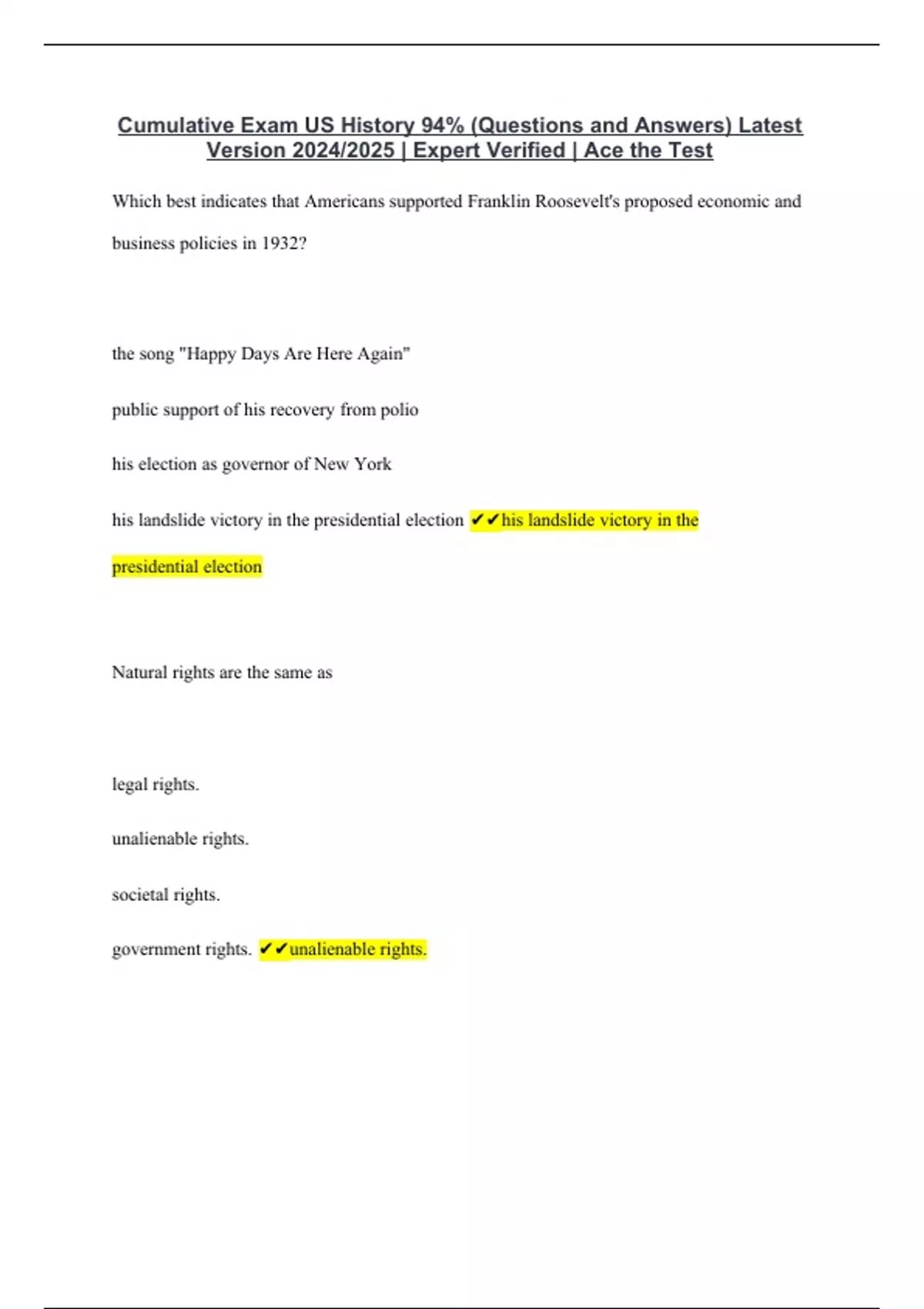 Cumulative Exam US History 94% (Questions and Answers) Latest Version ...