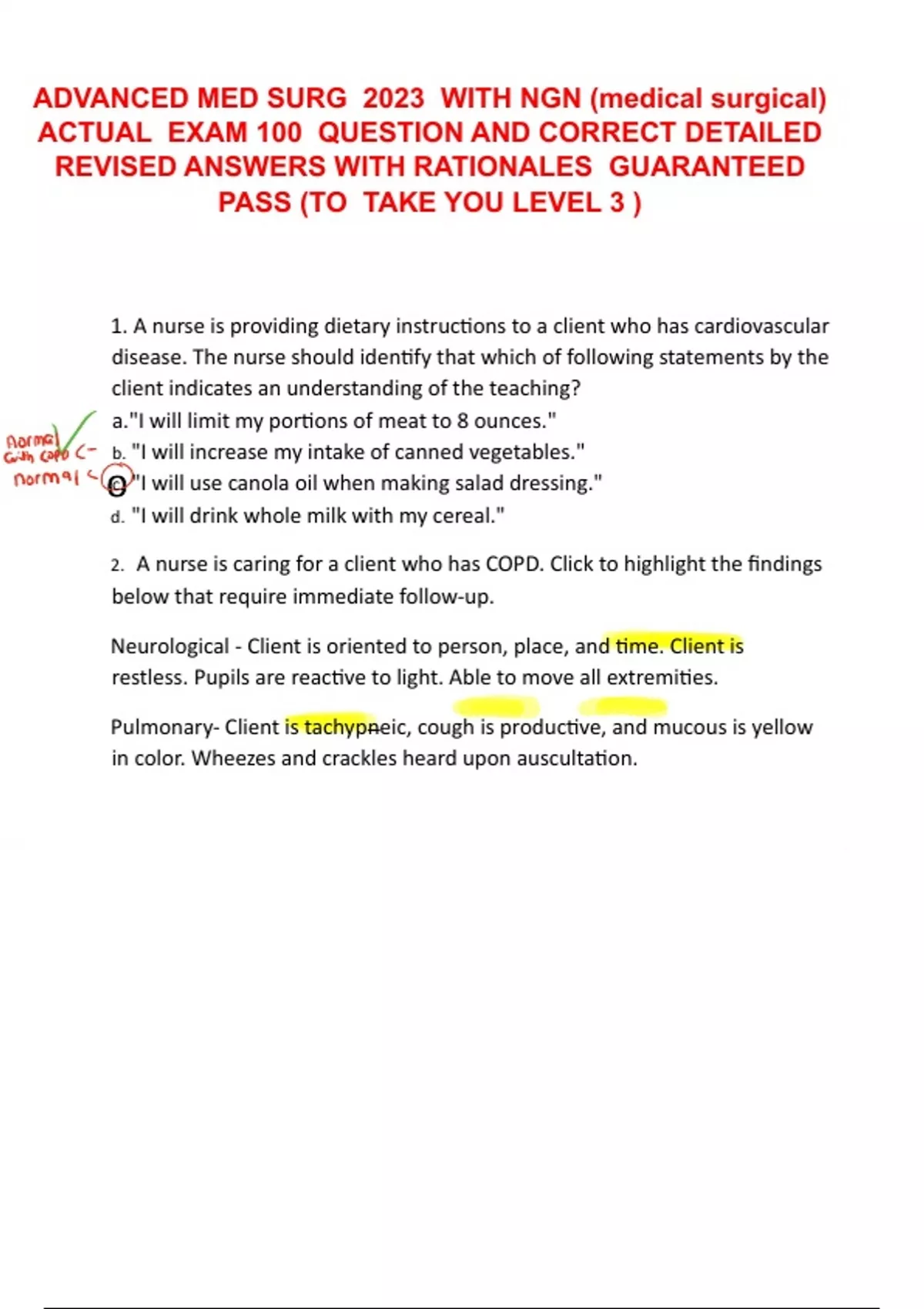 ADVANCED MED SURG 2023 WITH NGN (medical surgical) ACTUAL EXAM 100 ...