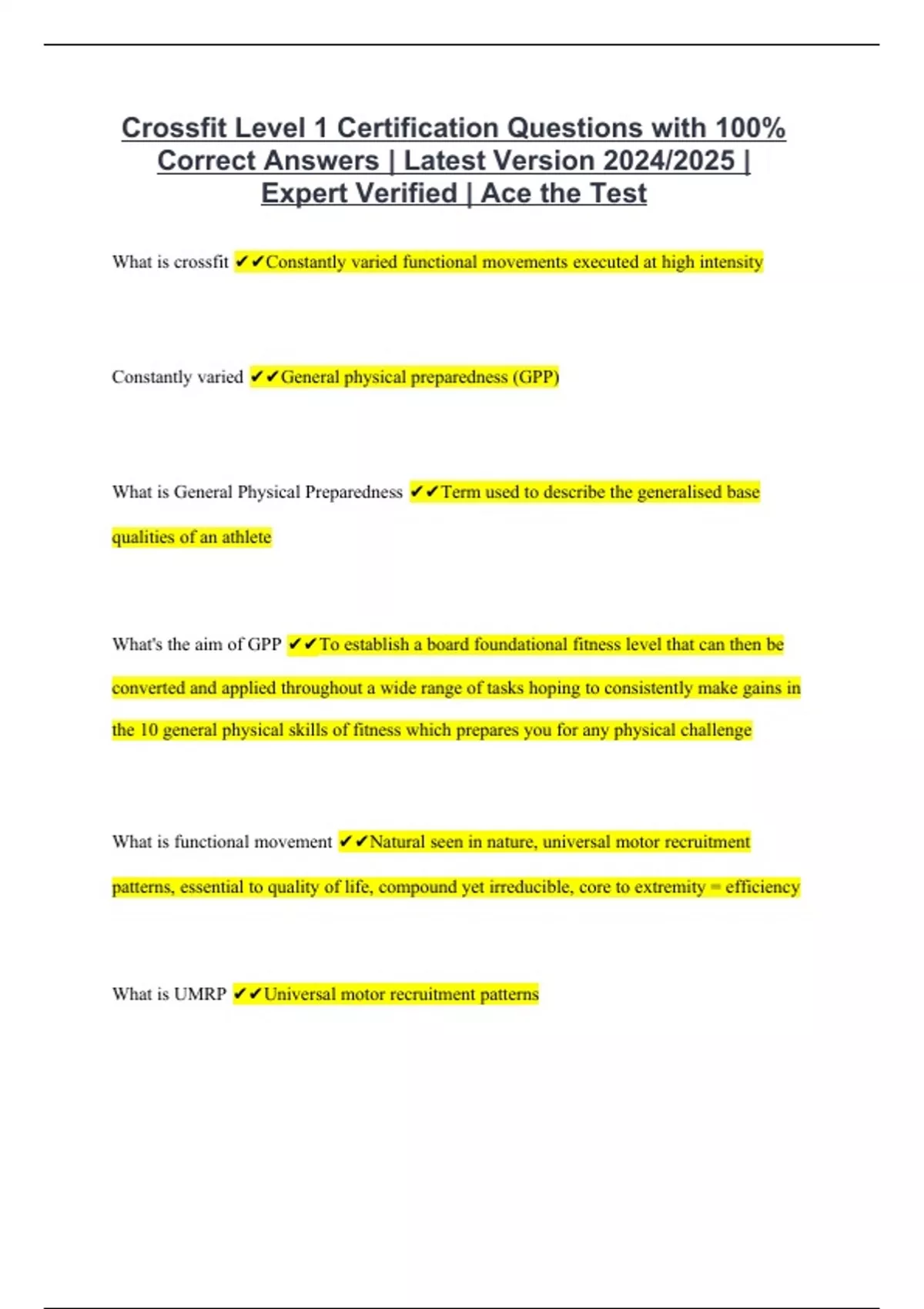 Crossfit Level 1 Certification Questions with 100% Correct Answers ...