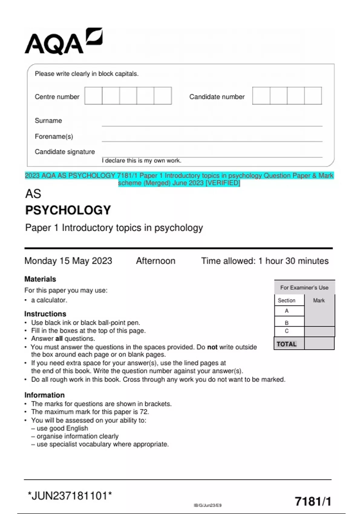 2023 AQA AS PSYCHOLOGY 7181/1 Paper 1 Introductory topics in psychology ...