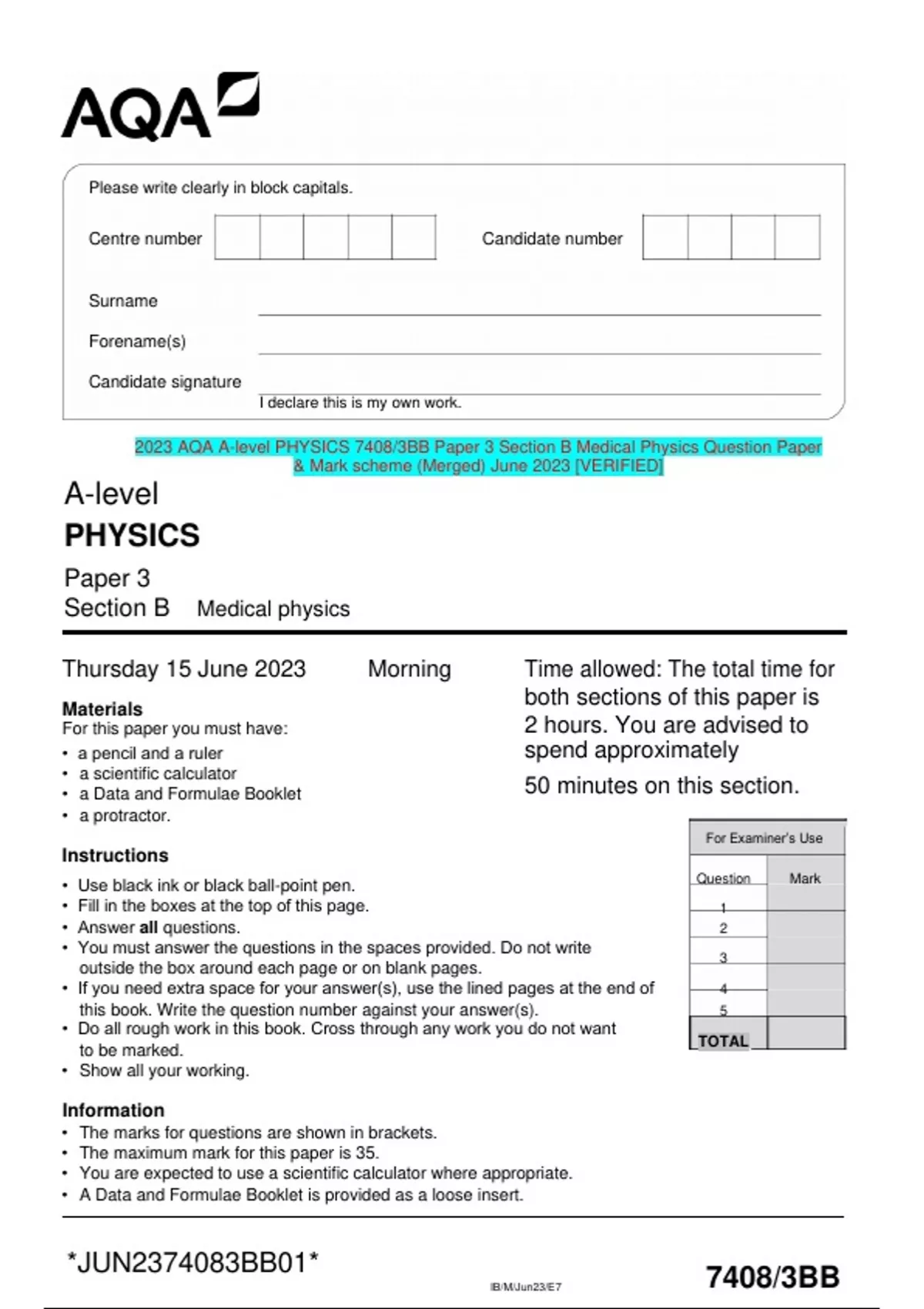 2023 AQA A-level PHYSICS 7408/3BB Paper 3 Section B Medical Physics ...