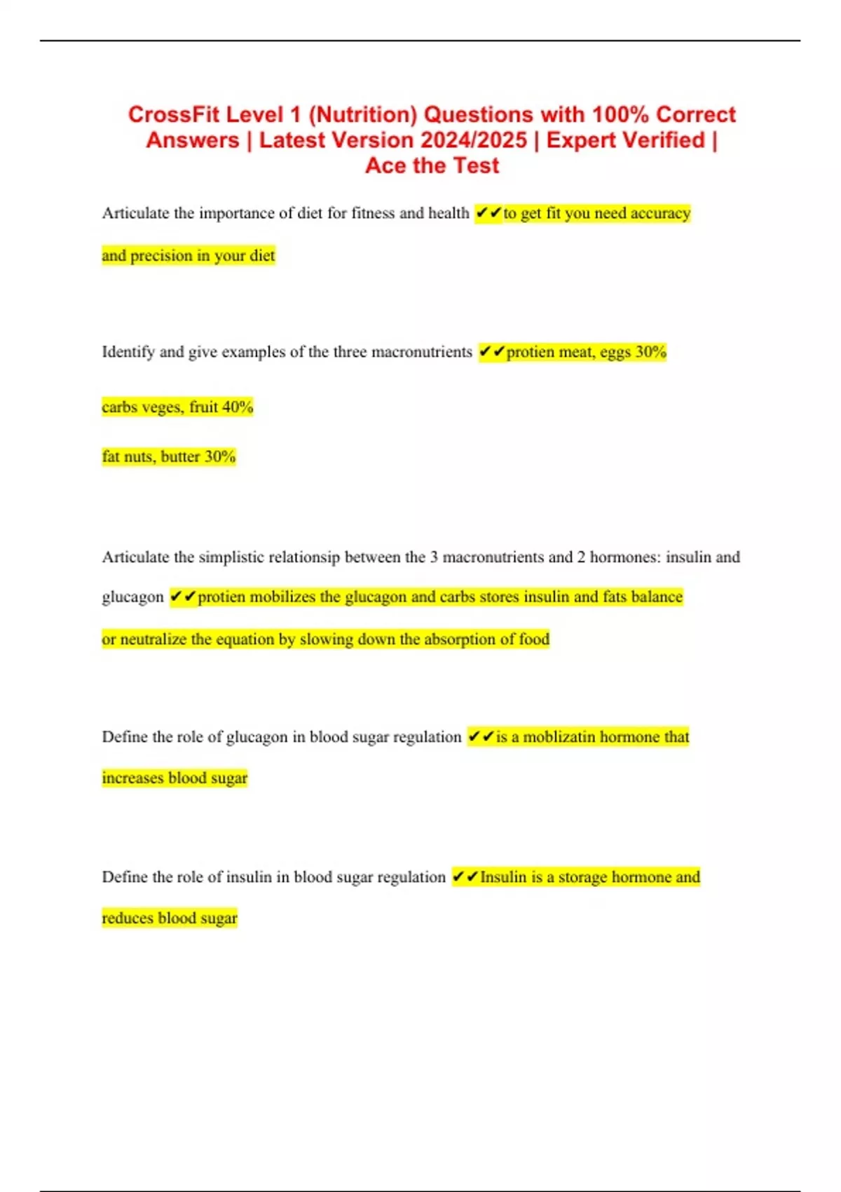 CrossFit Level 1 (Nutrition) Questions with 100% Correct Answers ...