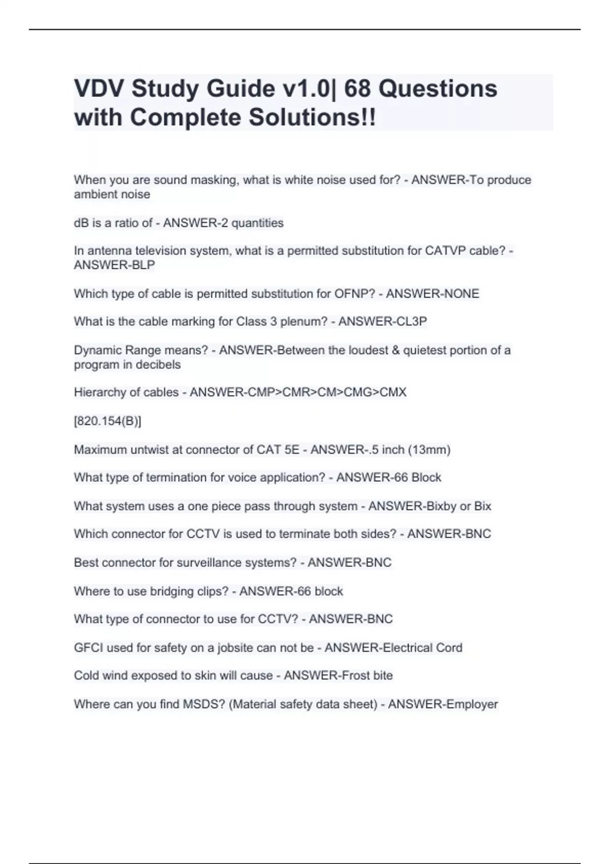 VDV Study Guide v1.0| 68 Questions with Complete Solutions!! - VDV v1.0 ...