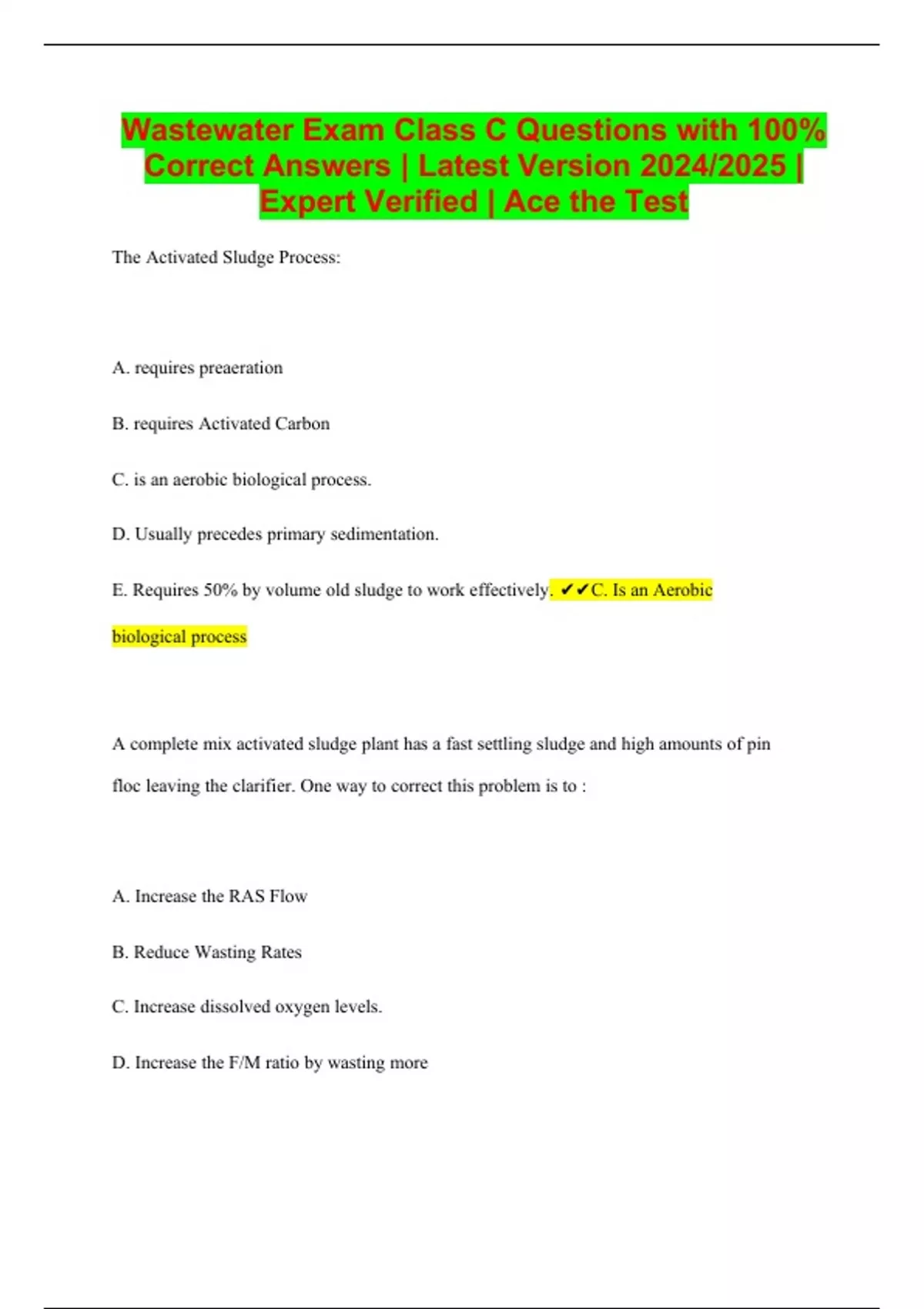 Wastewater Exam Class C Questions with 100% Correct Answers | Latest ...