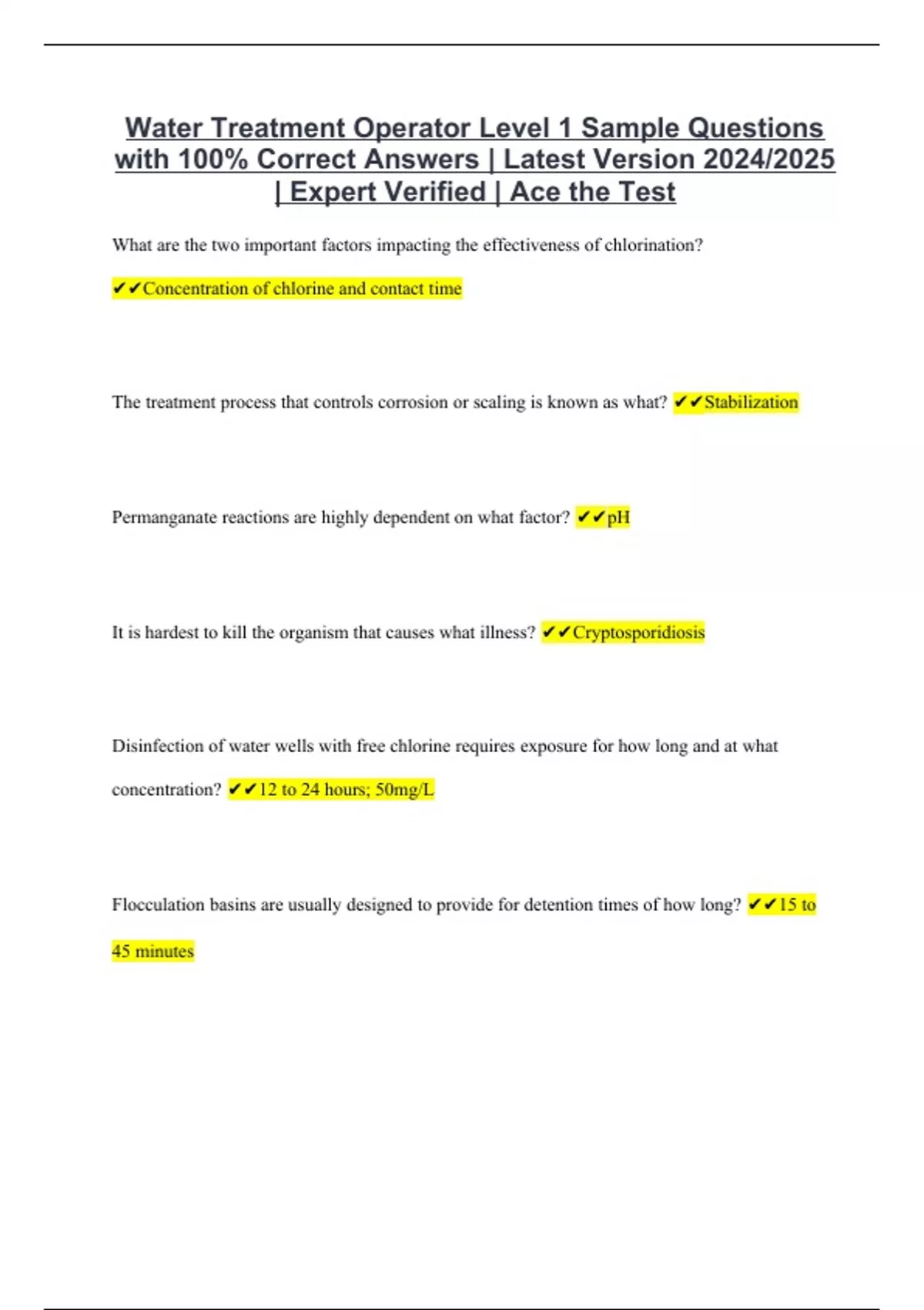 Water Treatment Operator Level 1 Sample Questions with 100% Correct ...