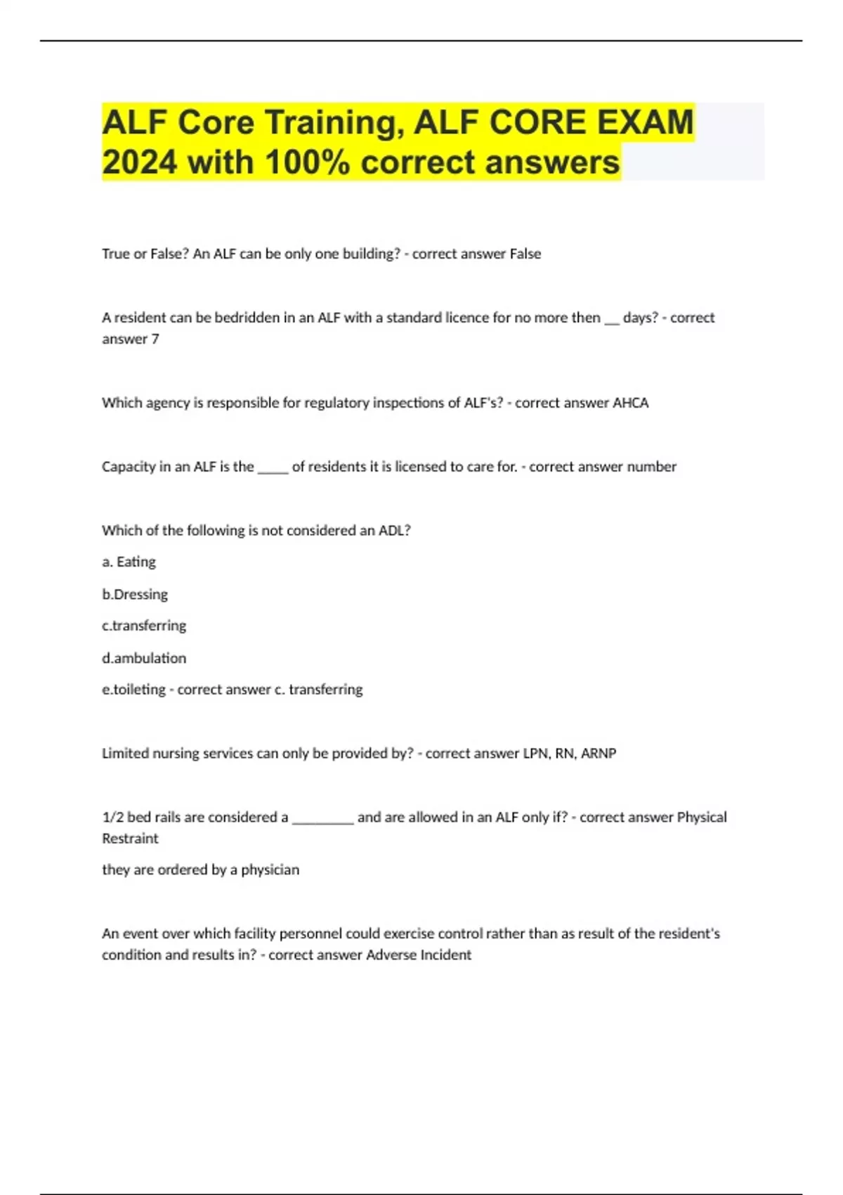 ALF Core Training, ALF CORE EXAM 2024 with 100% correct answers - ALF ...