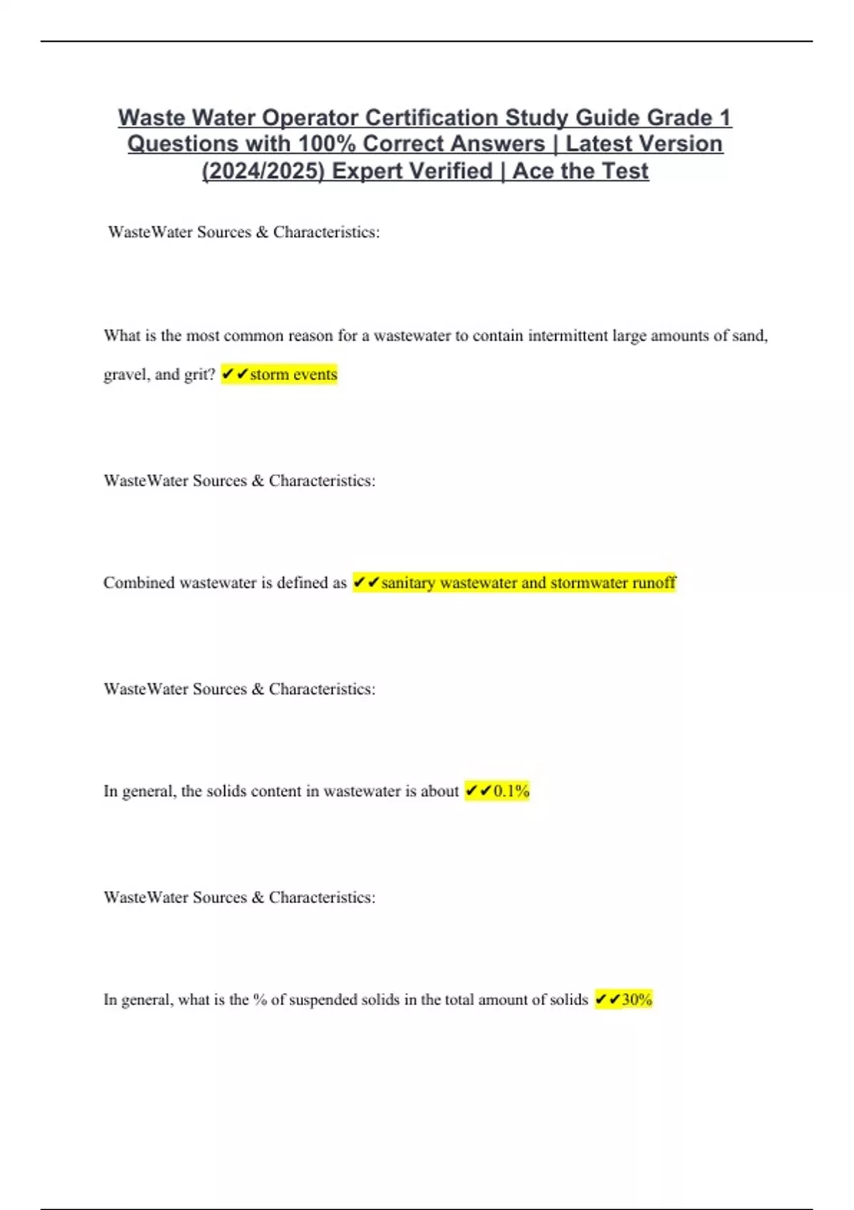 Waste Water Operator Certification Study Guide Grade 1 Questions with ...