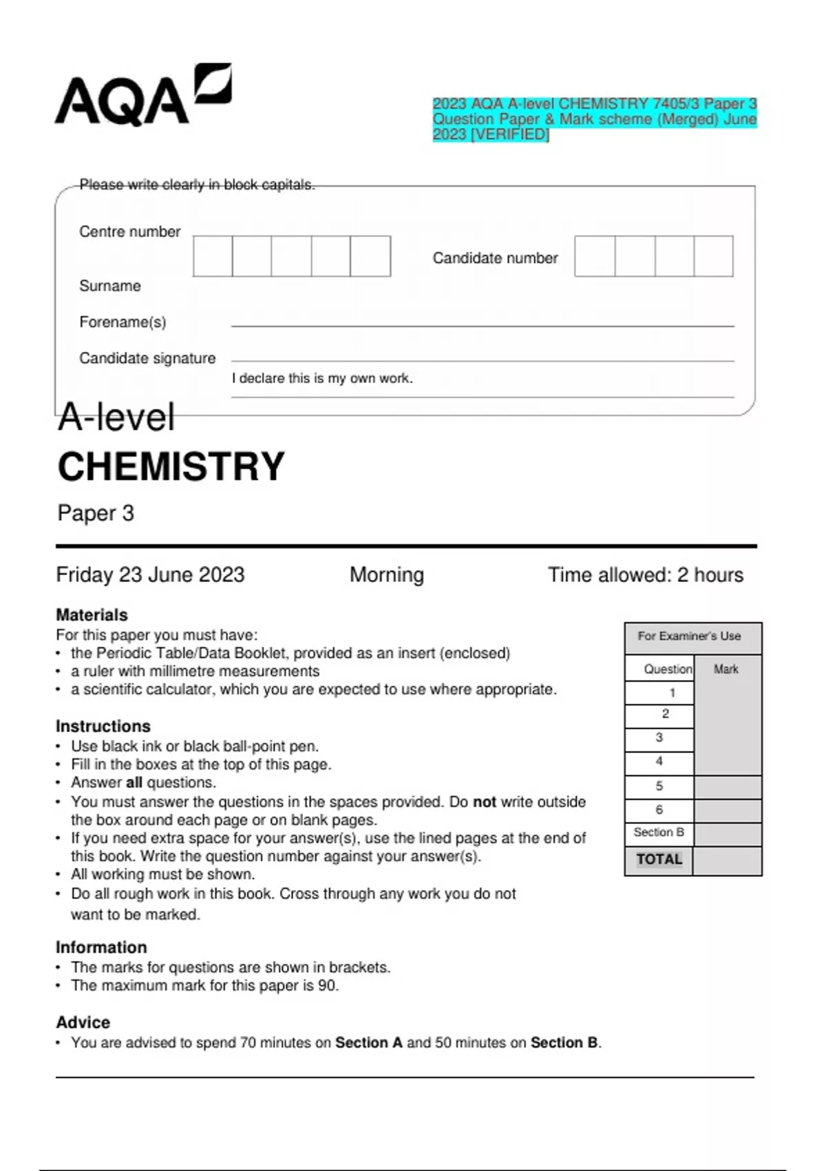 2023 AQA A-level CHEMISTRY 7405/3 Paper 3 Question Paper & Mark scheme ...