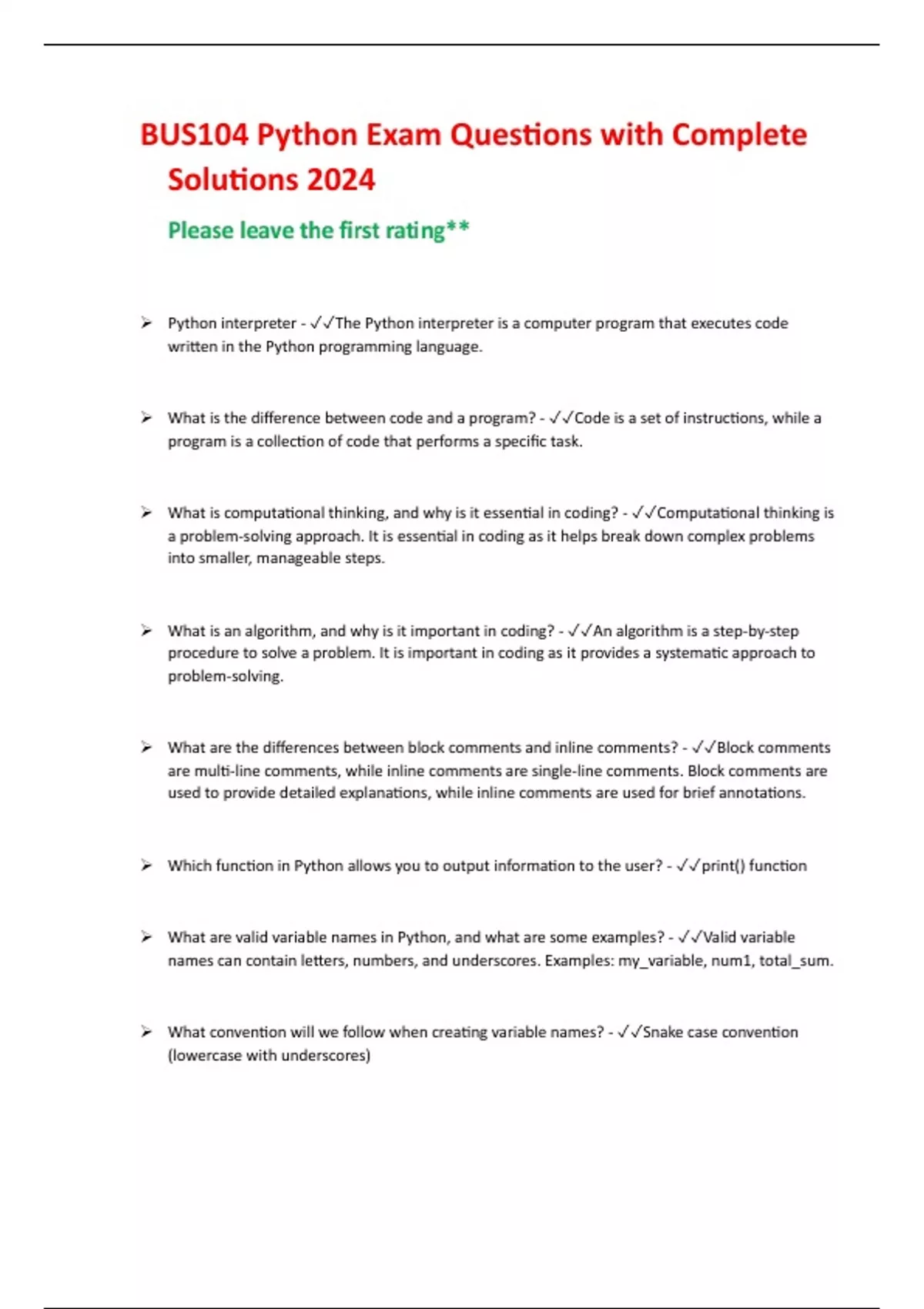 BUS104 Python Exam Questions with Complete Solutions 2024 - Programming for python language ...