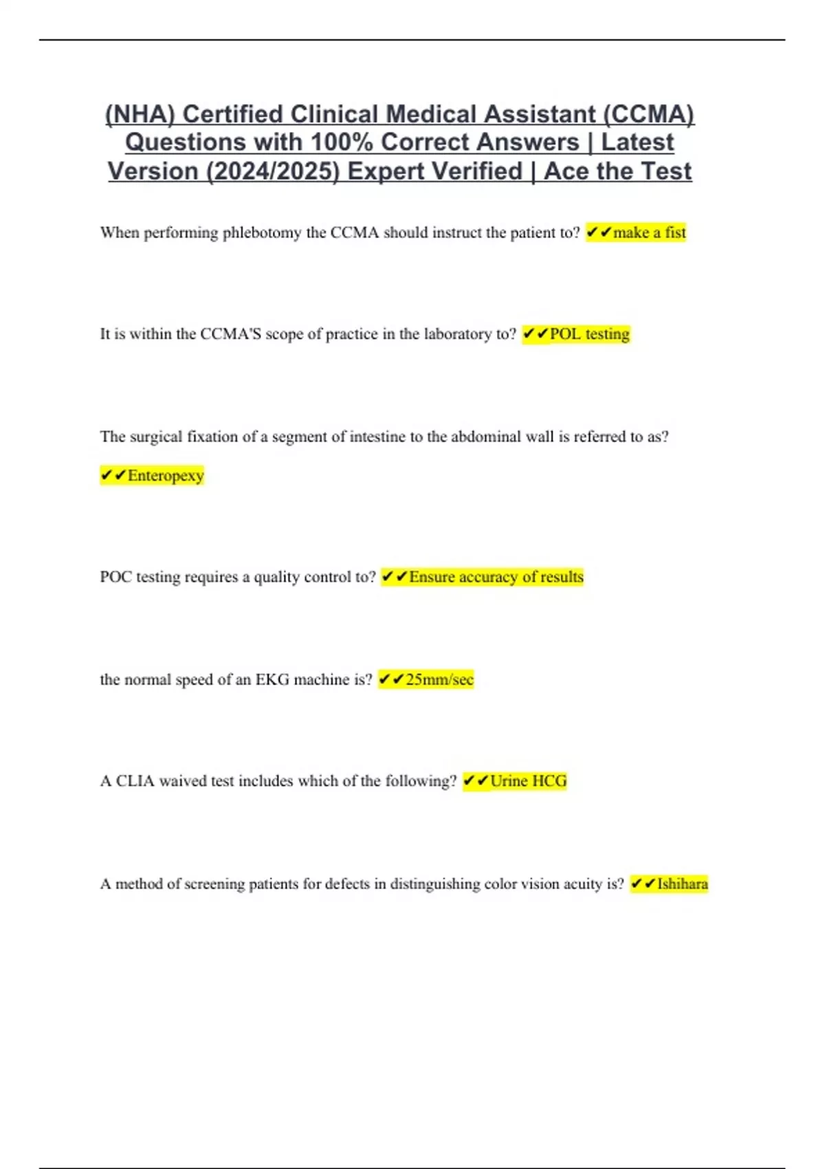 (NHA) Certified Clinical Medical Assistant (CCMA) Questions with 100% ...