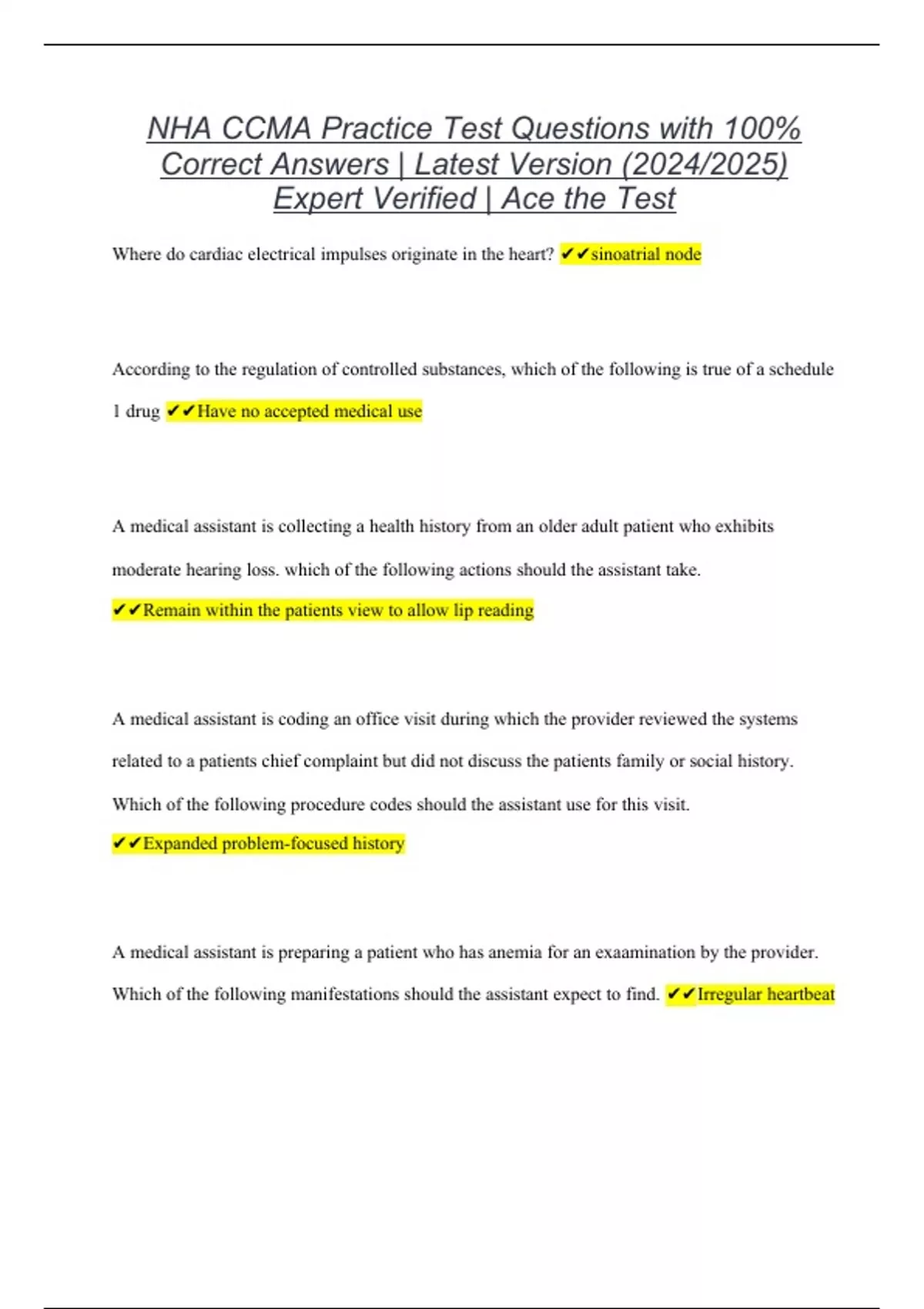 NHA CCMA Practice Test Questions with 100% Correct Answers | Latest ...