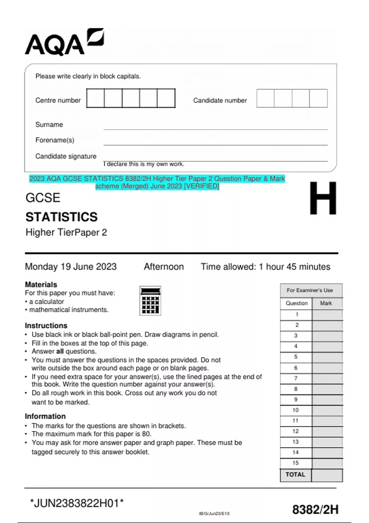 2023 AQA GCSE STATISTICS 8382/2H Higher Tier Paper 2 Question Paper ...