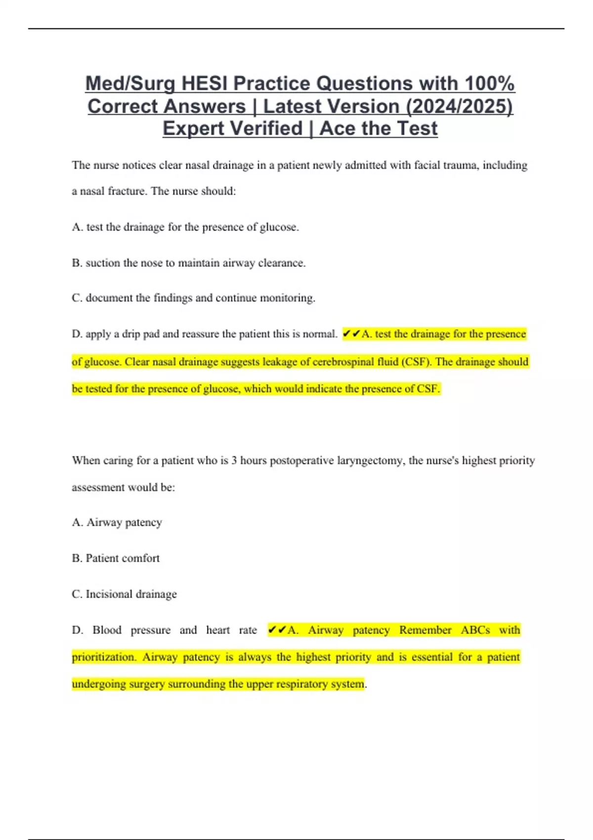 Med/Surg HESI Practice Questions with 100% Correct Answers | Latest ...