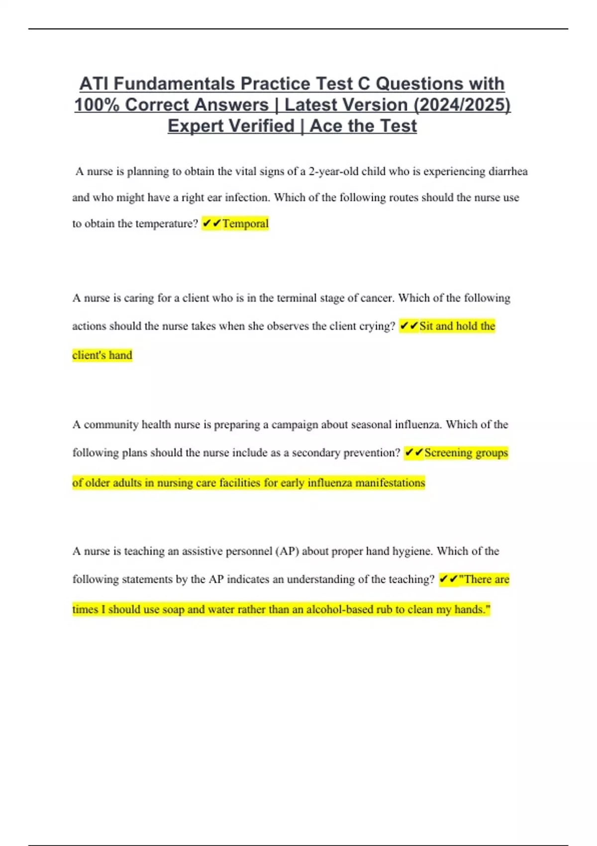 ATI Fundamentals Practice Test C Questions with 100% Correct Answers ...