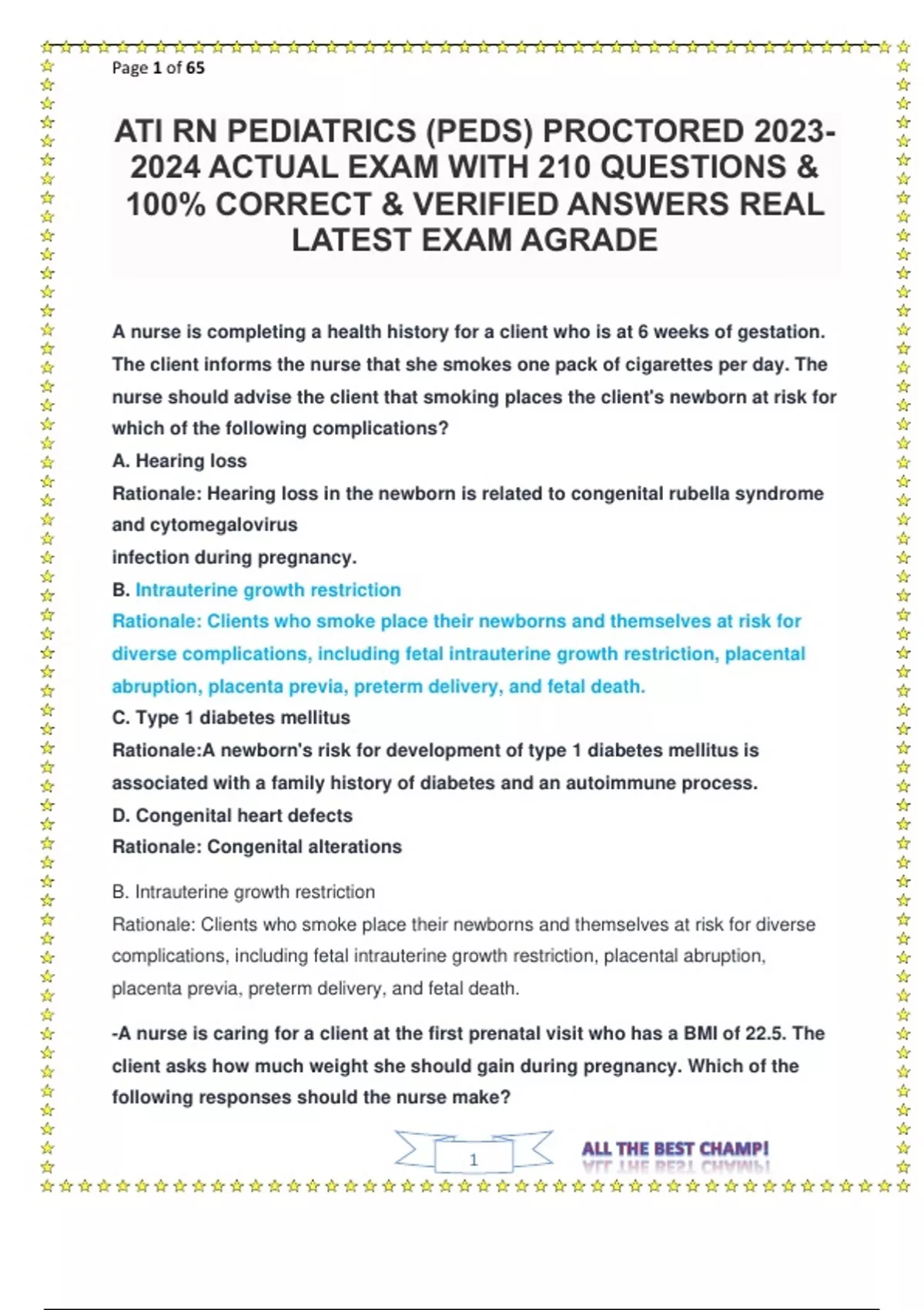 ATI RN PEDIATRICS (PEDS) PROCTORED ACTUAL EXAM WITH 210 QUESTIONS & 100 ...