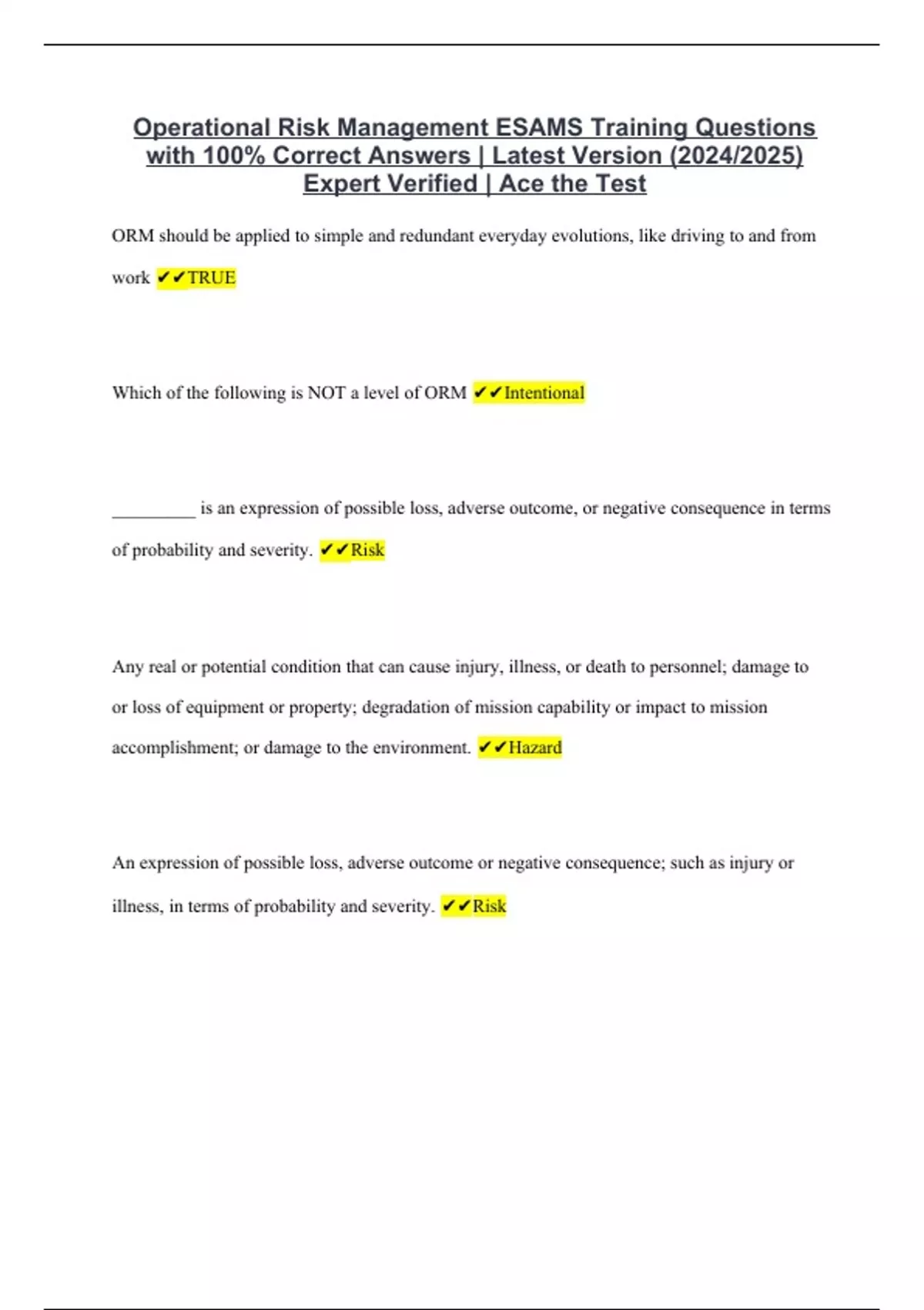 Operational Risk Management ESAMS Training Questions with 100% Correct ...