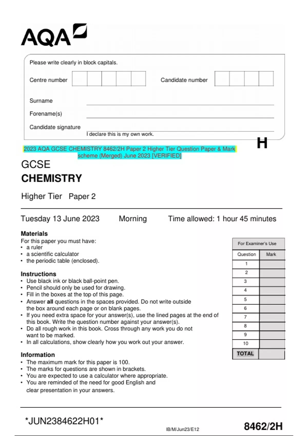 2023 AQA GCSE CHEMISTRY 8462/2H Paper 2 Higher Tier Question Paper ...
