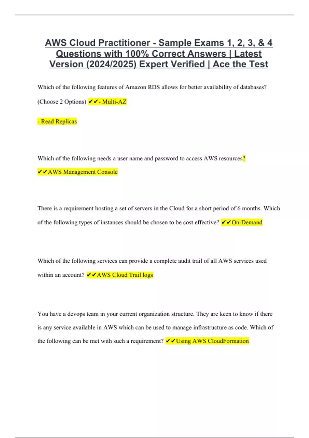 AWS Cloud Practitioner - Sample Exams 1, 2, 3, & 4 Questions with 100% ...