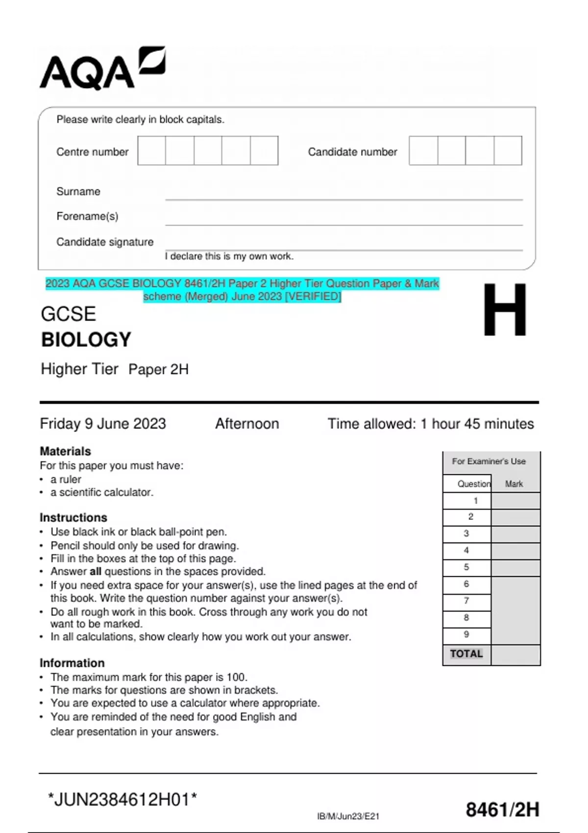 2023 AQA GCSE BIOLOGY 8461/2H Paper 2 Higher Tier Question Paper & Mark ...