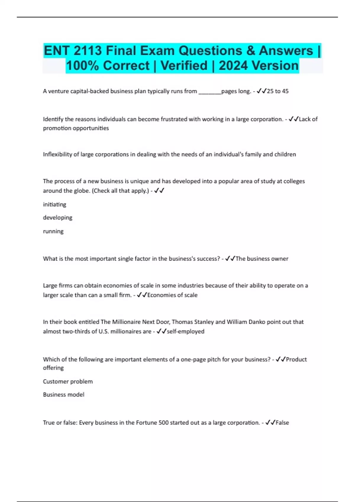 ENT 2113 Final Exam Questions & Answers | 100% Correct | Verified | 2024 Version - ENT 2113 ...