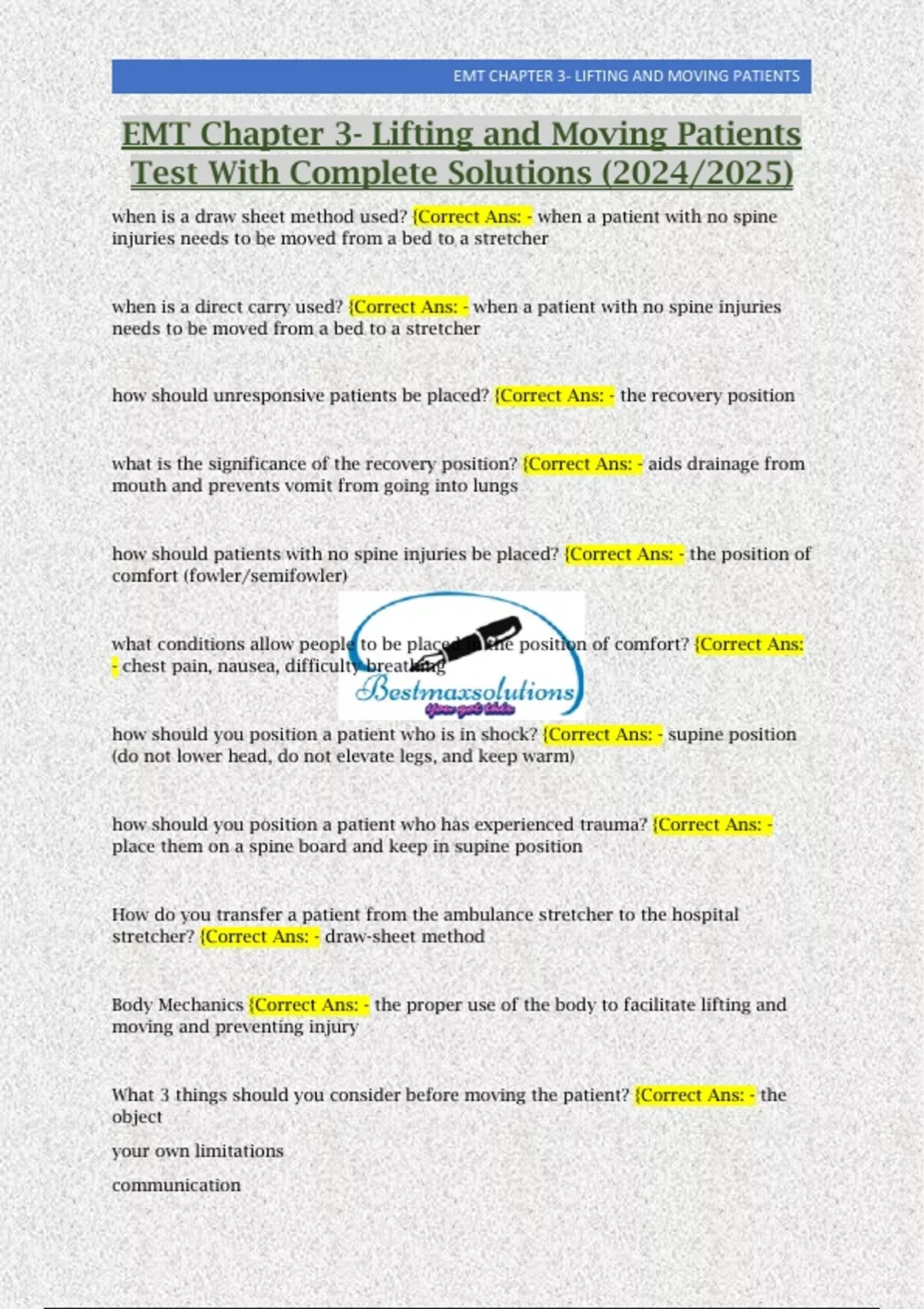 EMT Chapter 3- Lifting and Moving Patients Test With Complete Solutions ...