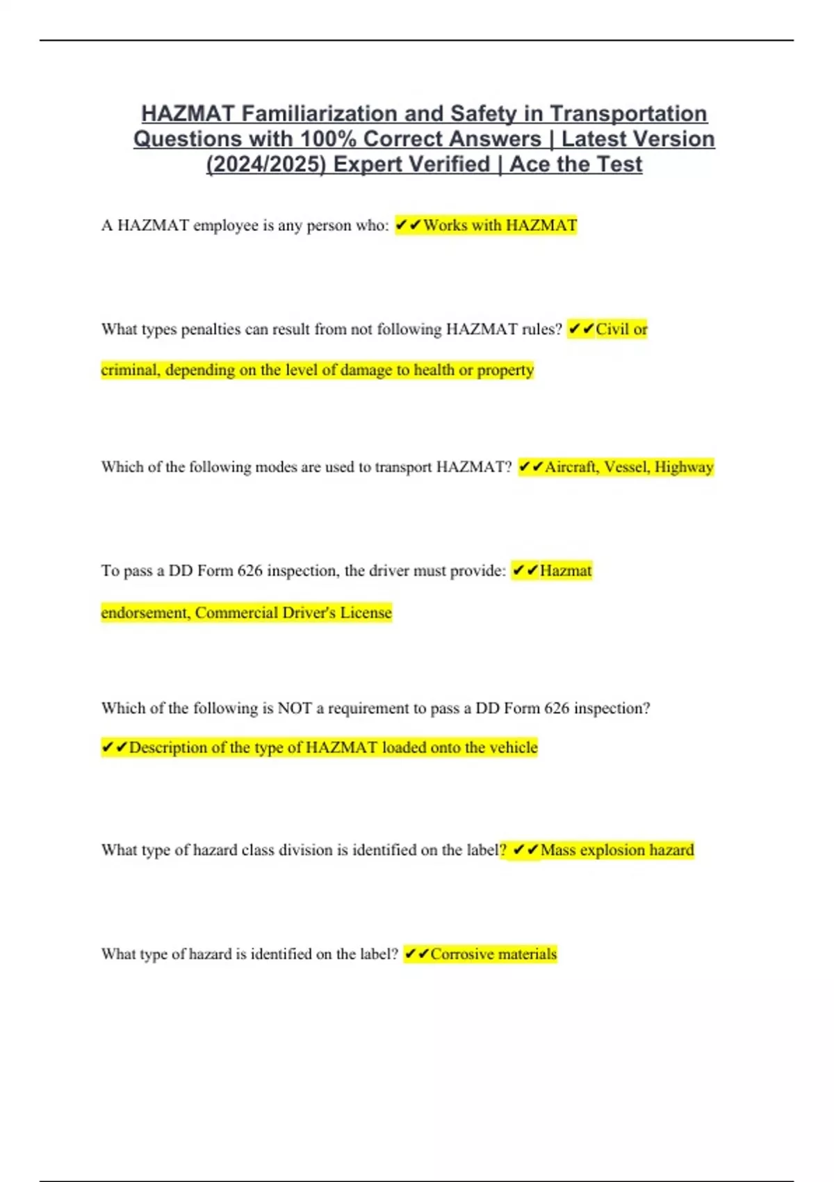 HAZMAT Familiarization and Safety in Transportation Questions with 100% ...