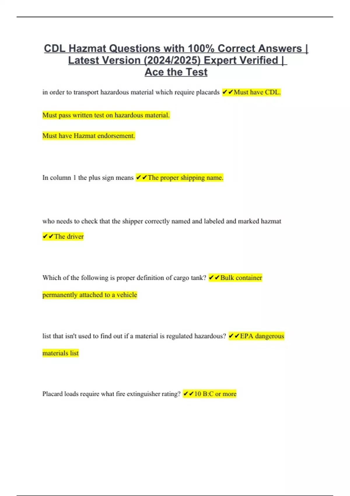 CDL Hazmat Questions with 100% Correct Answers | Latest Version (2024/ ...