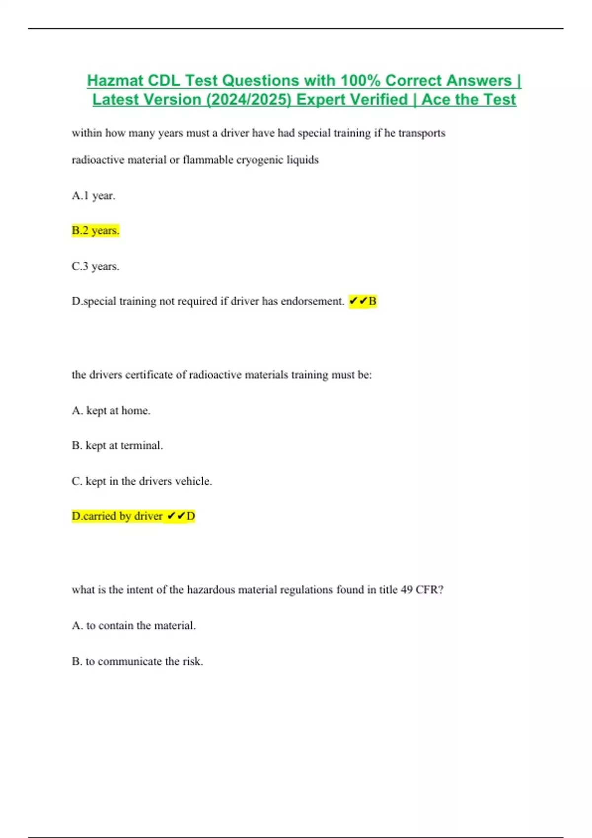 Hazmat CDL Test Questions with 100% Correct Answers | Latest Version ...