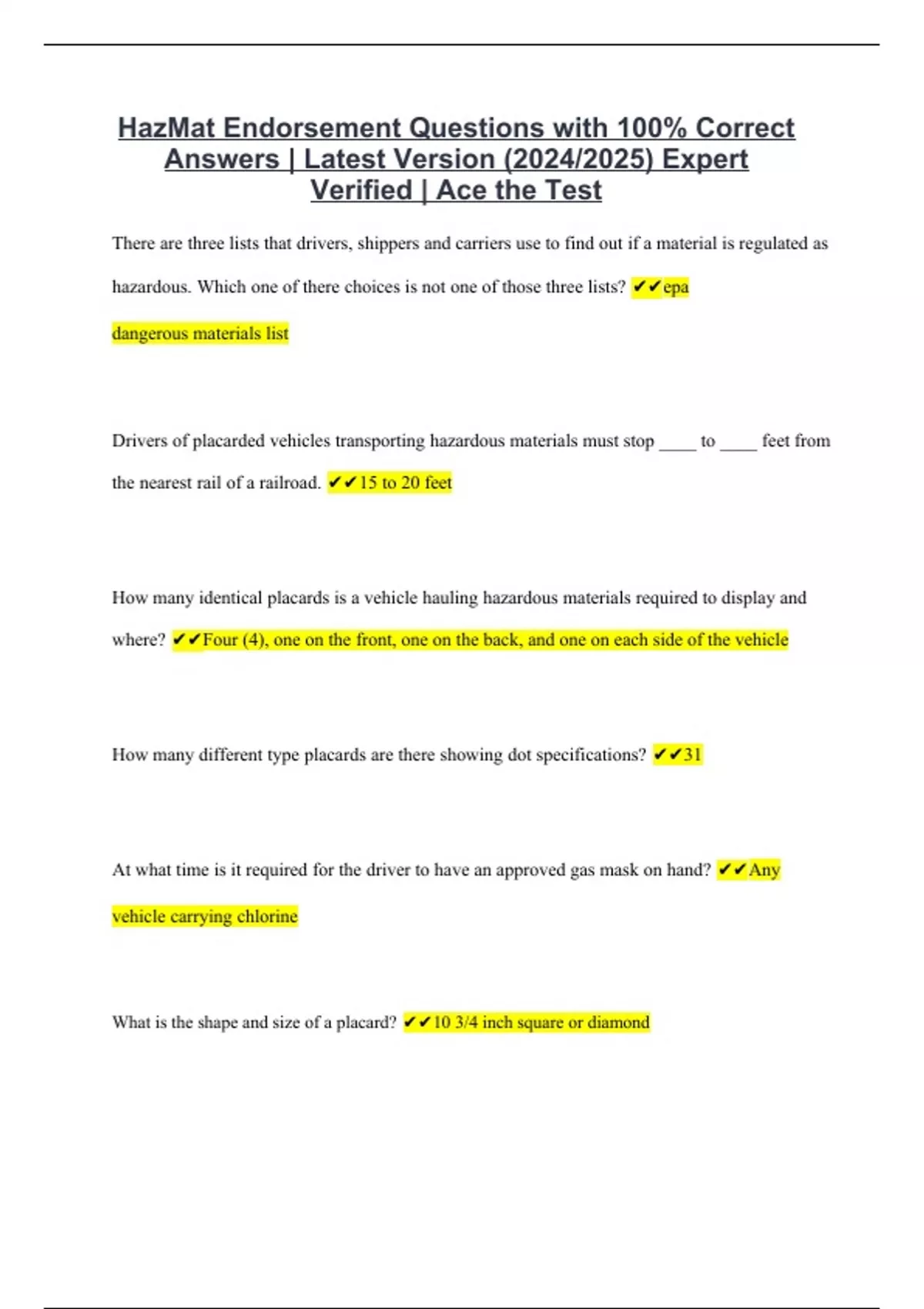 HazMat Endorsement Questions with 100% Correct Answers | Latest Version ...