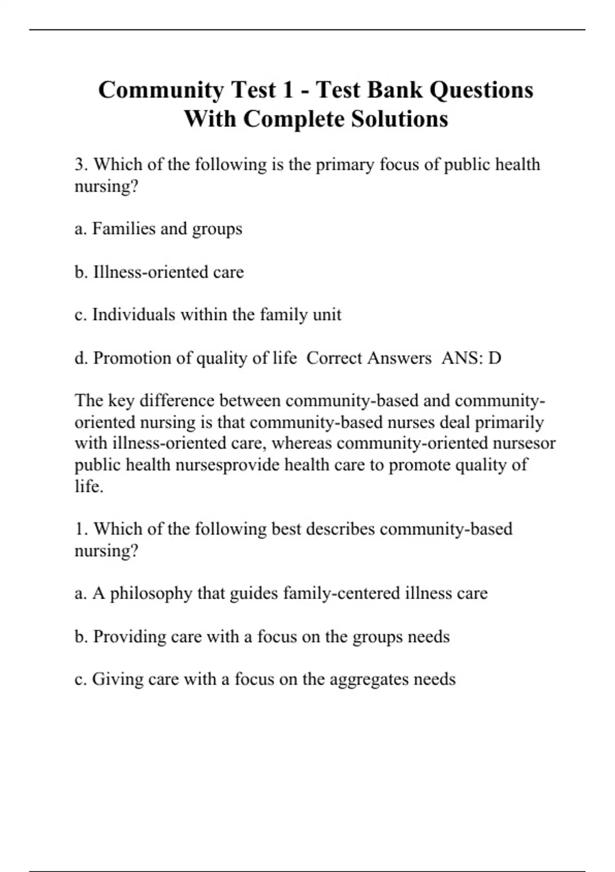 Community Test 1 - Test Bank Questions With Complete Solutions ...