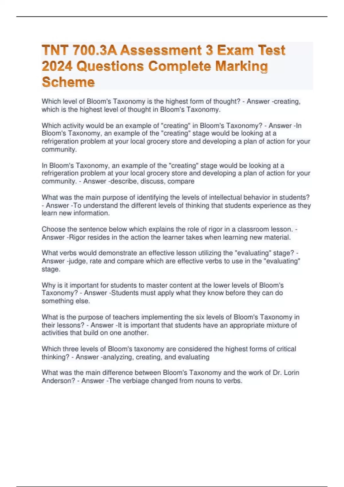 TNT 700.3A Assessment 3 Exam Test 2024 Questions Complete Marking ...