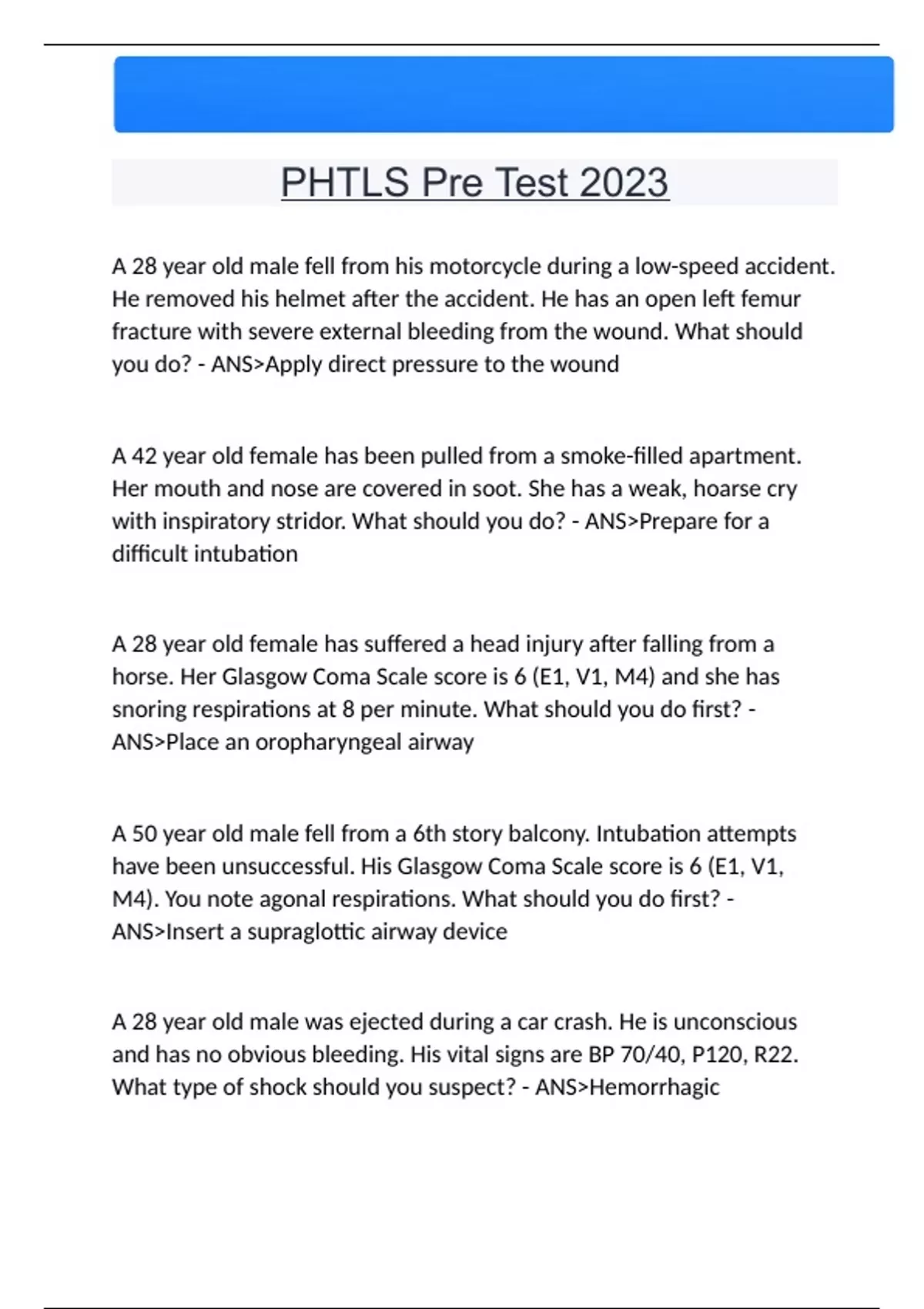 PHTLS Pre Test 2023 Questions And Answers Latest |Update| Verified ...