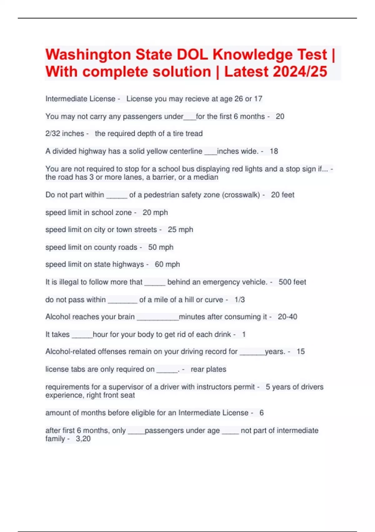 Washington State DOL Knowledge Test | With complete solution | Latest ...