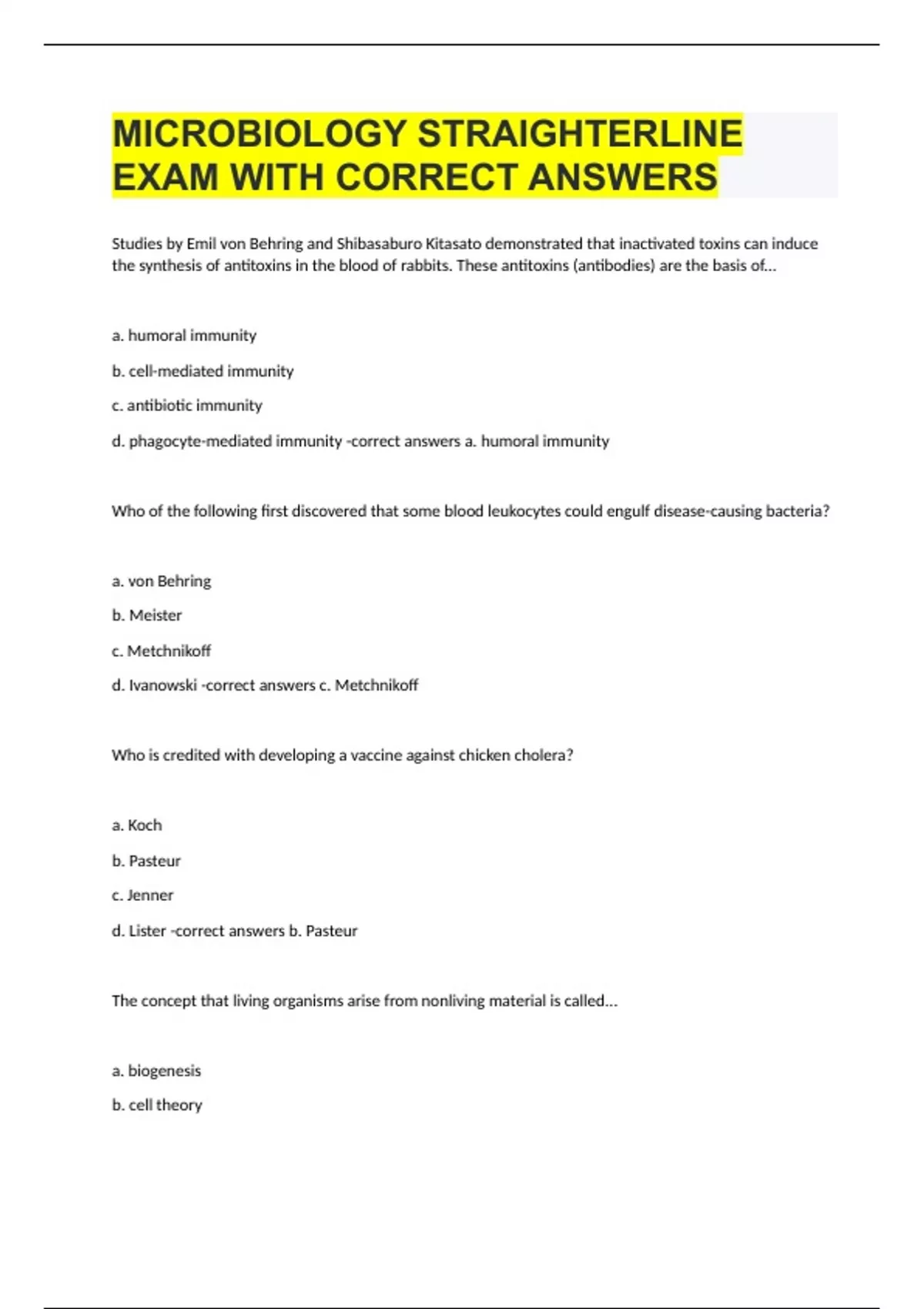 MICROBIOLOGY STRAIGHTERLINE EXAM WITH CORRECT ANSWERS - MICROBIOLOGY ...