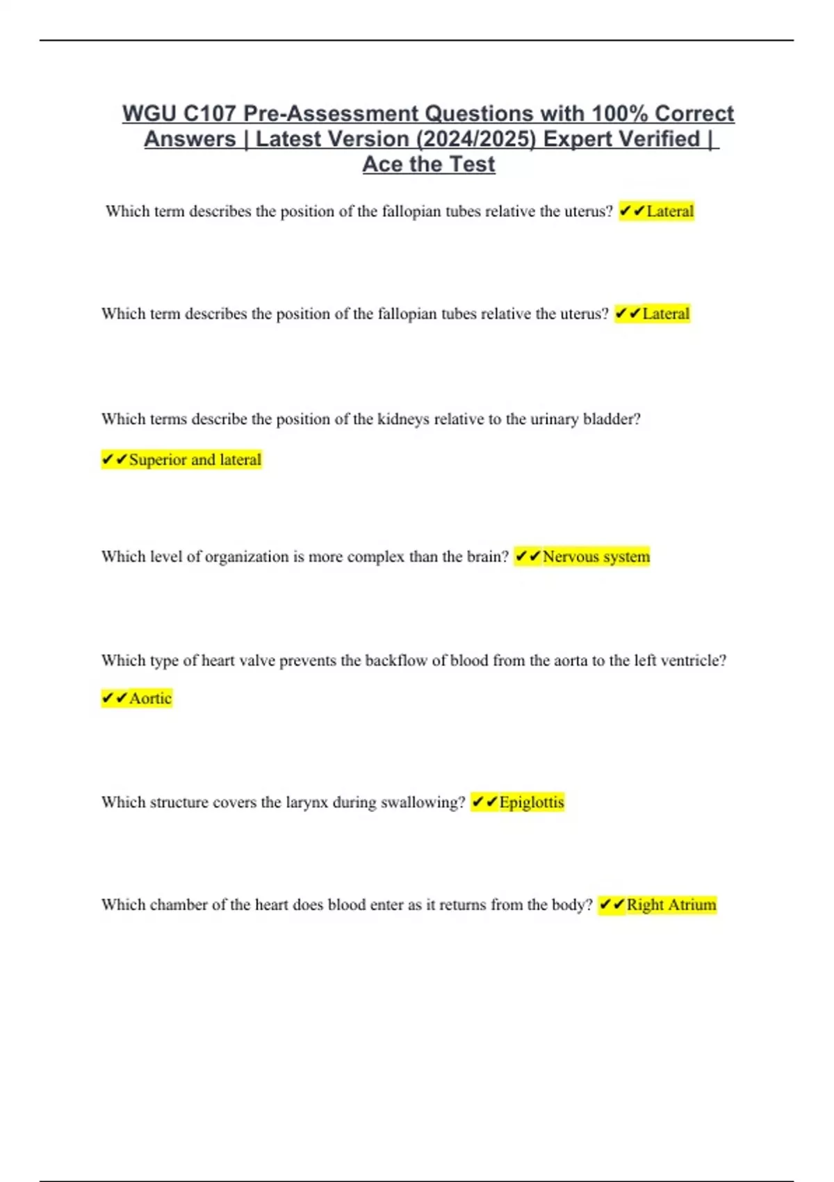 WGU C107 Pre-Assessment Questions with 100% Correct Answers | Latest ...