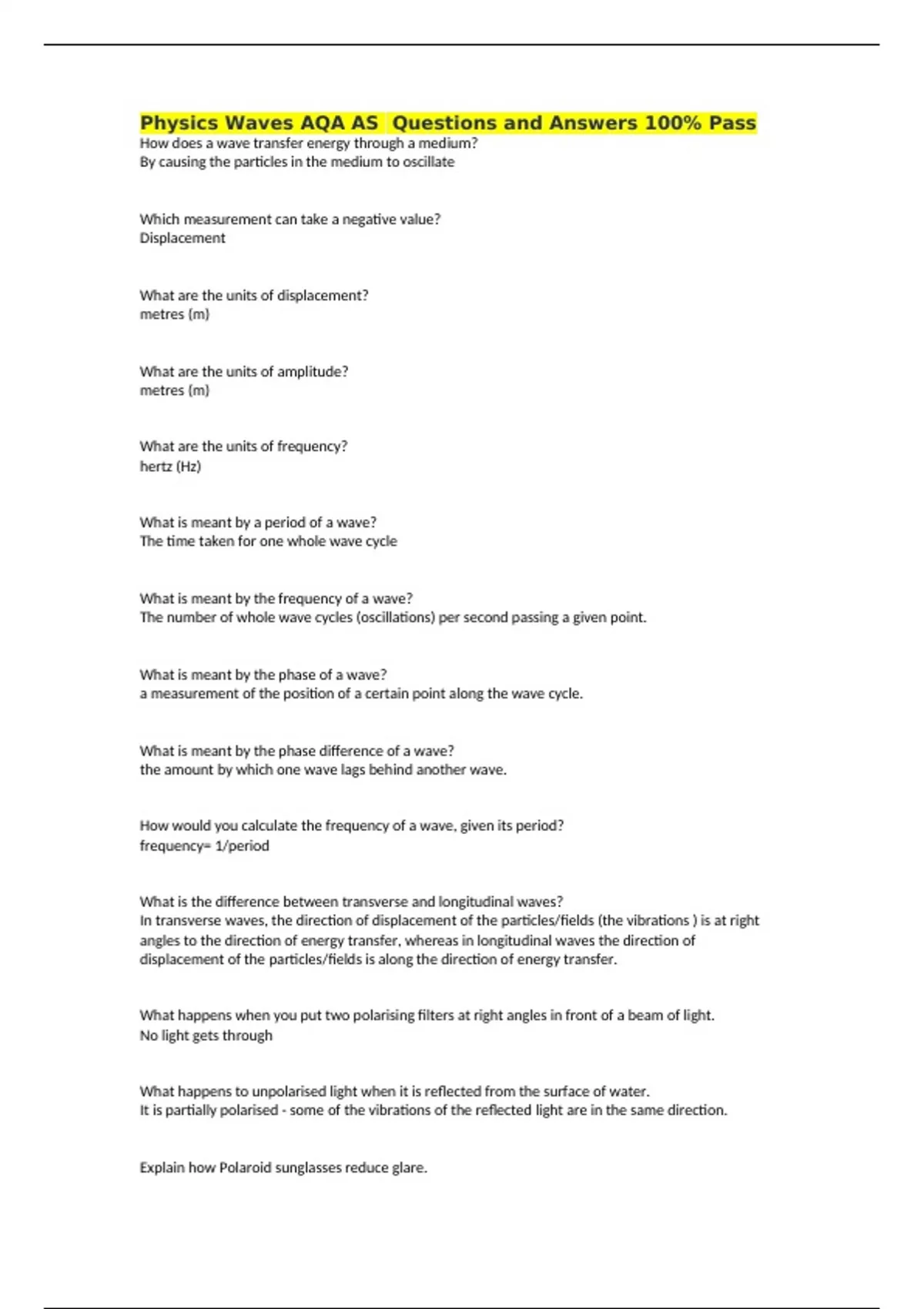 Physics Waves AQA AS Questions and Answers 100% Pass - Physics Waves ...