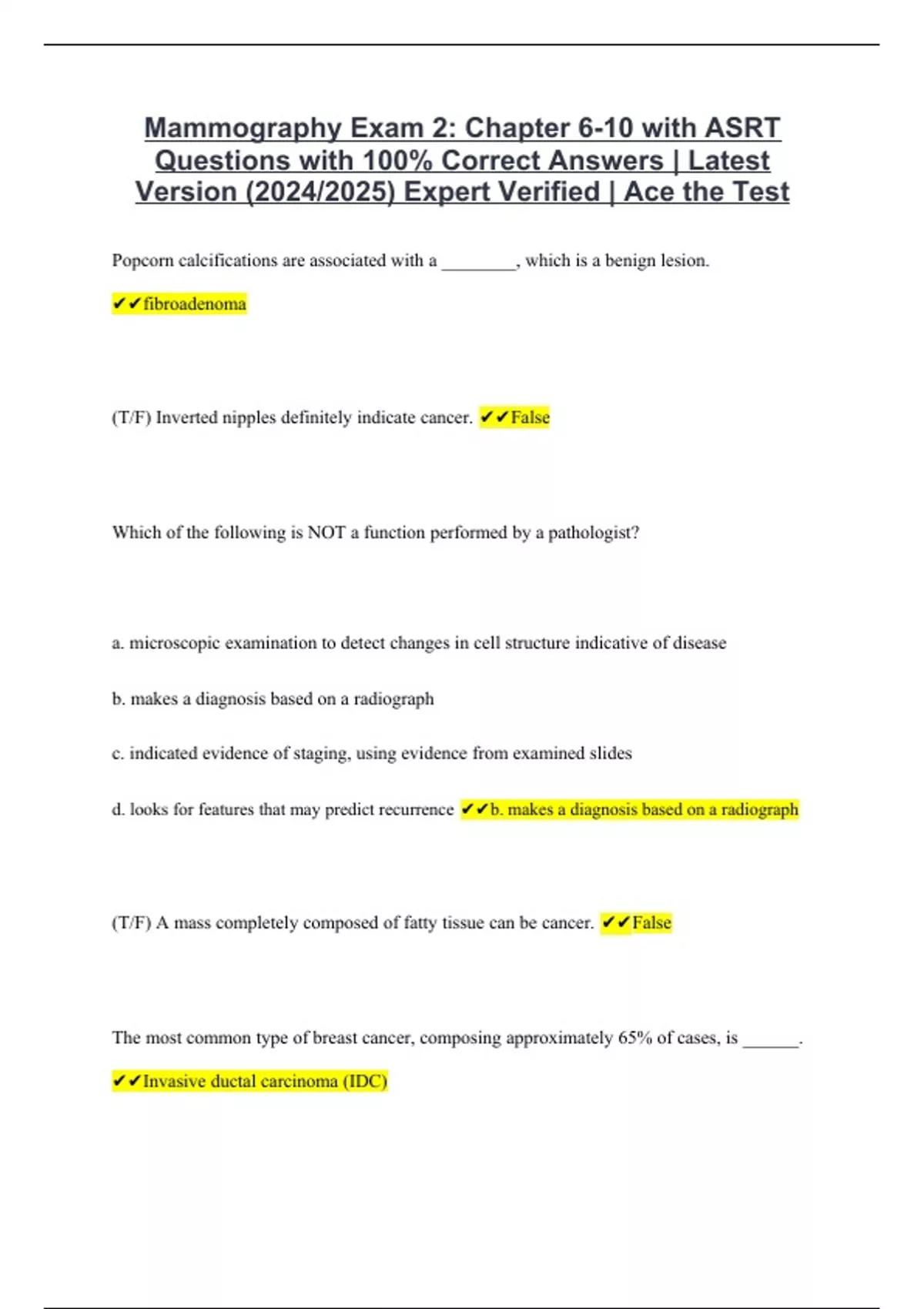 Mammography Exam 2: Chapter 6-10 with ASRT Questions with 100% Correct ...