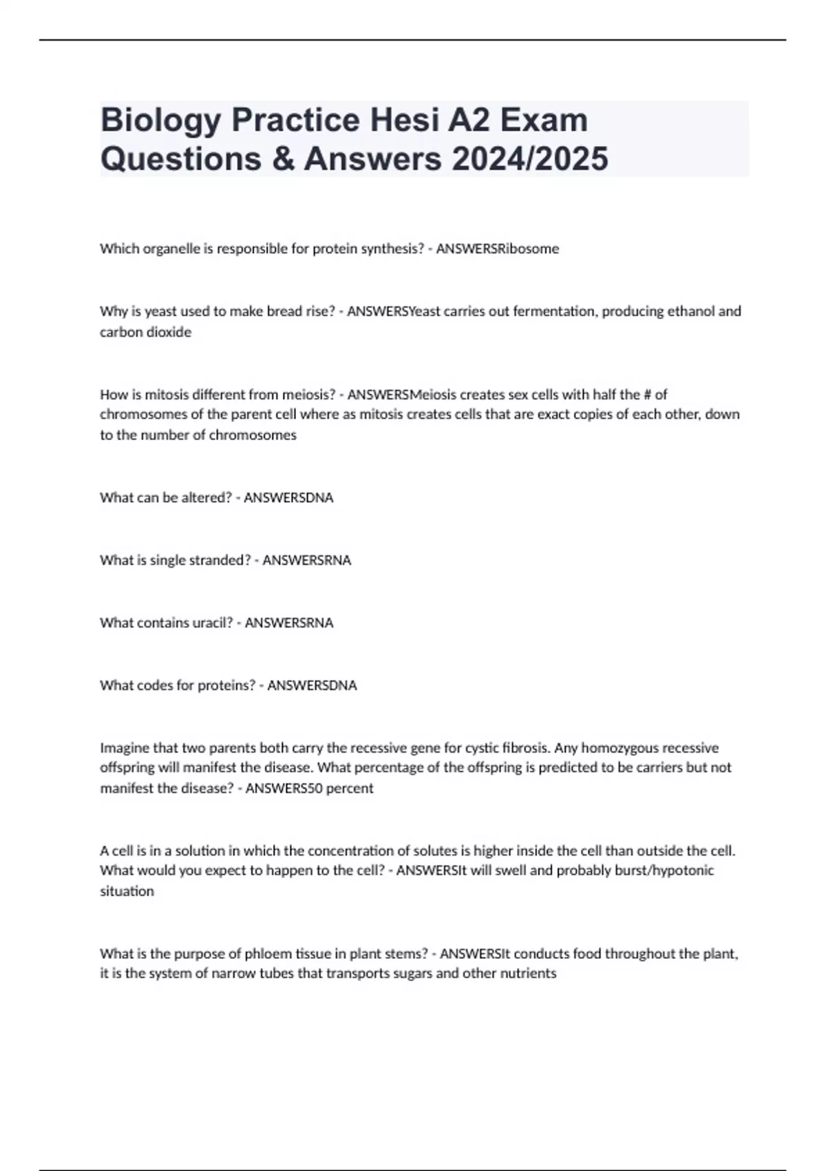 Biology Practice Hesi A2 Exam Questions & Answers 2024/2025 - Biology ...
