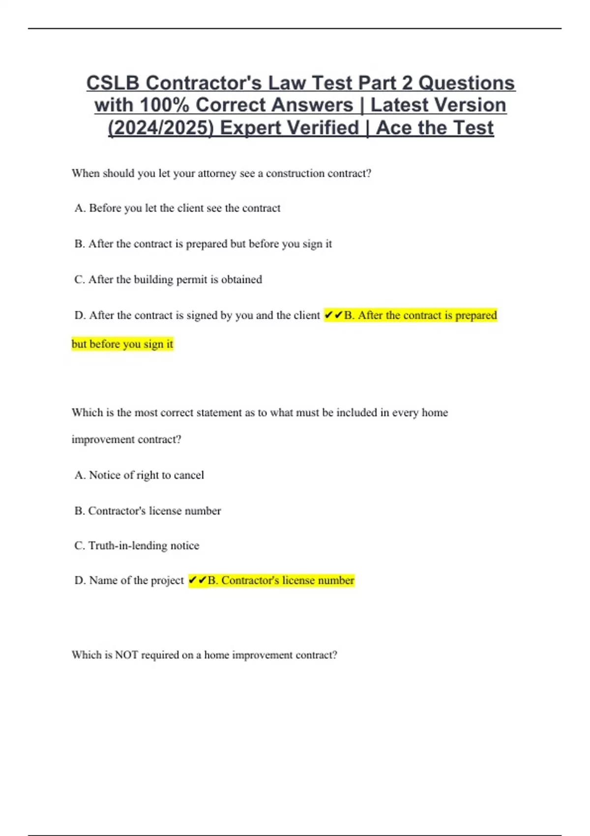 CSLB Contractor's Law Test Part 2 Questions with 100% Correct Answers ...