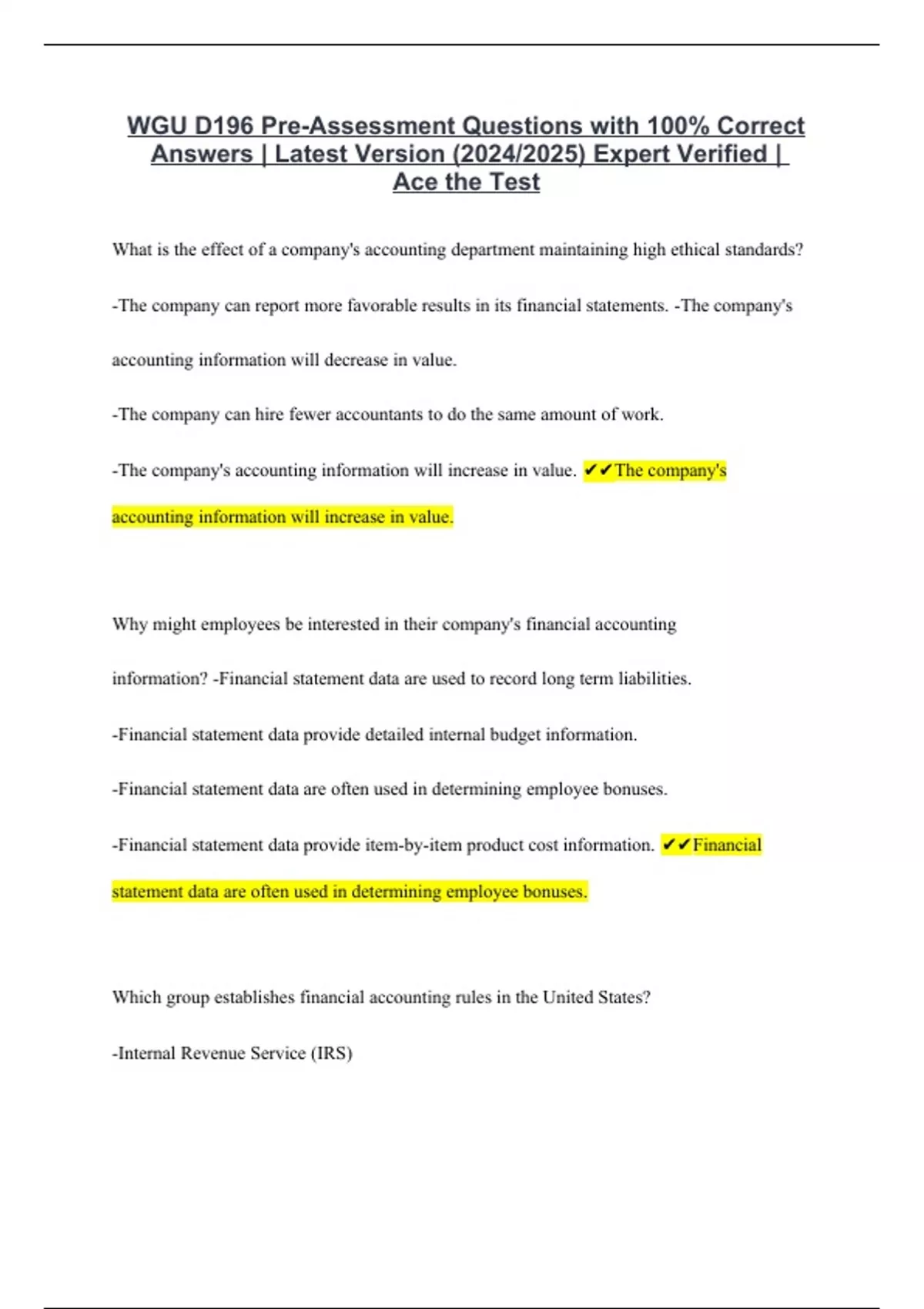 WGU D196 Pre-Assessment Questions with 100% Correct Answers | Latest ...