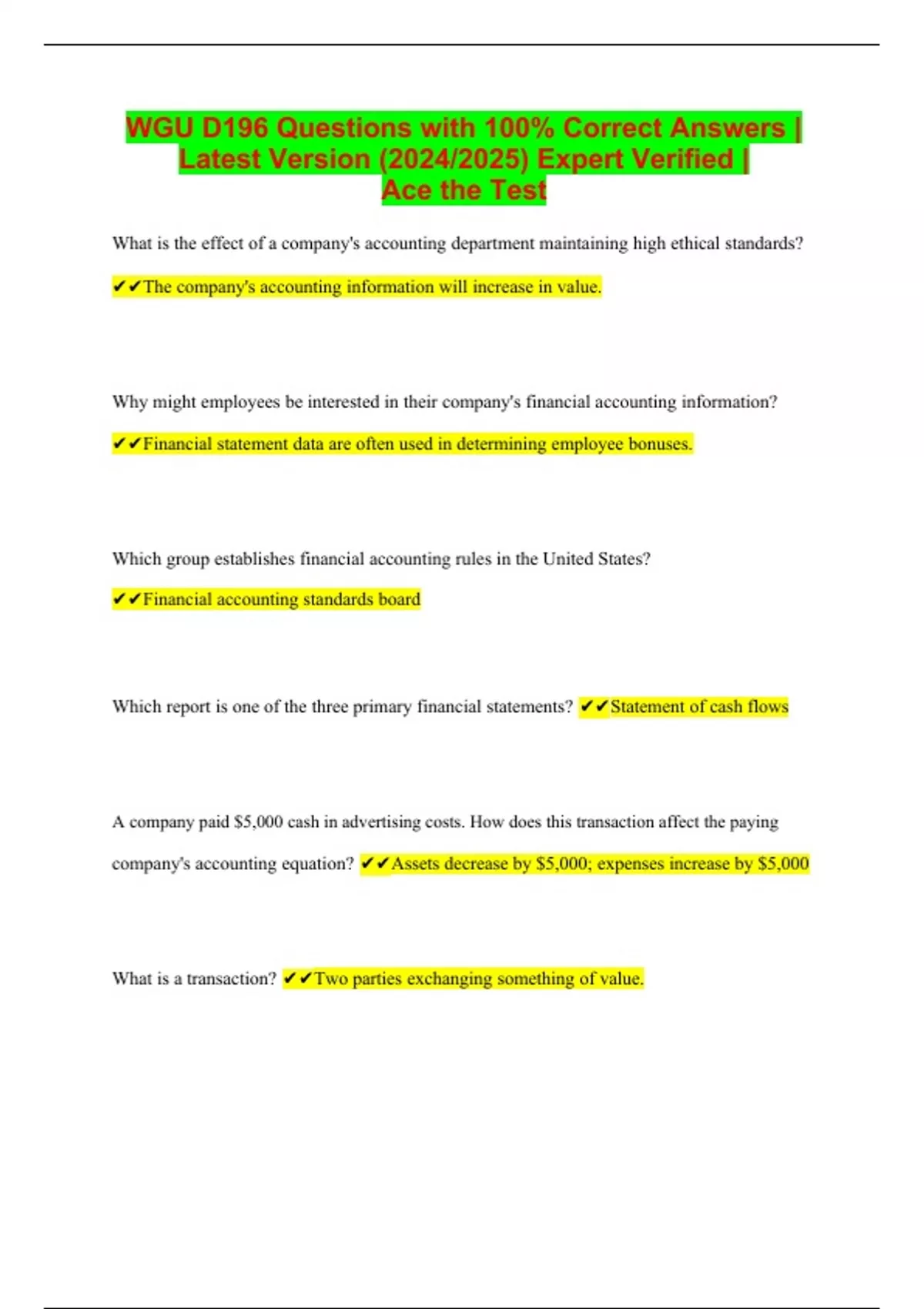 WGU D196 Questions with 100% Correct Answers | Latest Version (2024/ ...