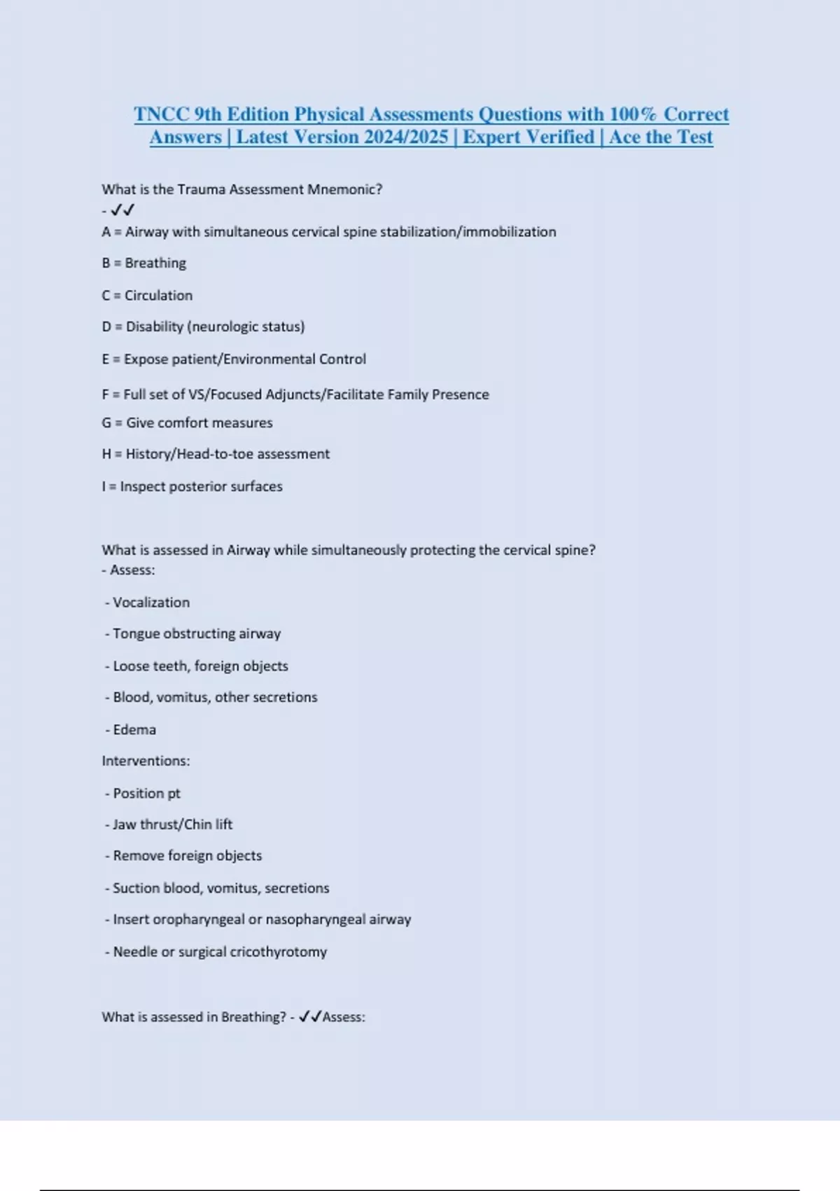 TNCC 9th Edition Physical Assessments Questions with 100% Correct ...