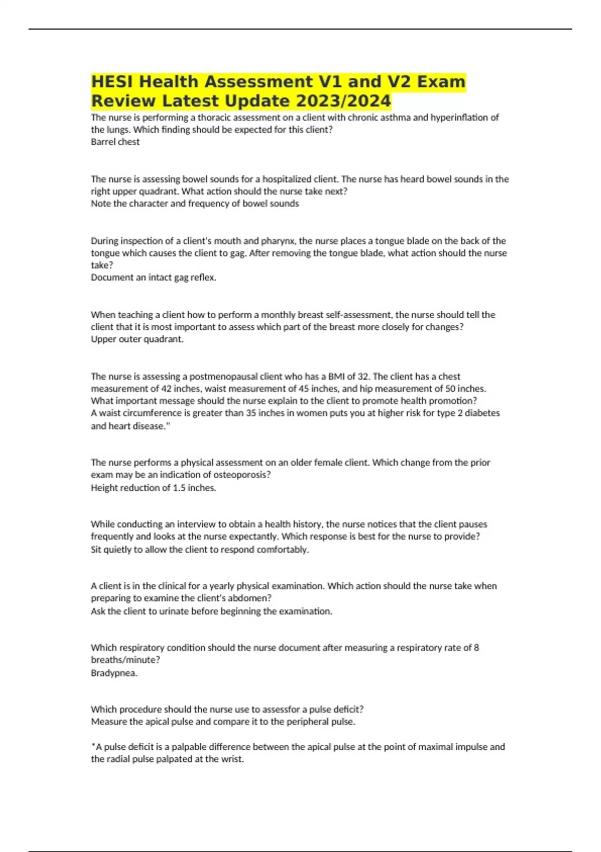 HESI Health Assessment V1 and V2 Exam Review Latest Update 2023/2024 ...