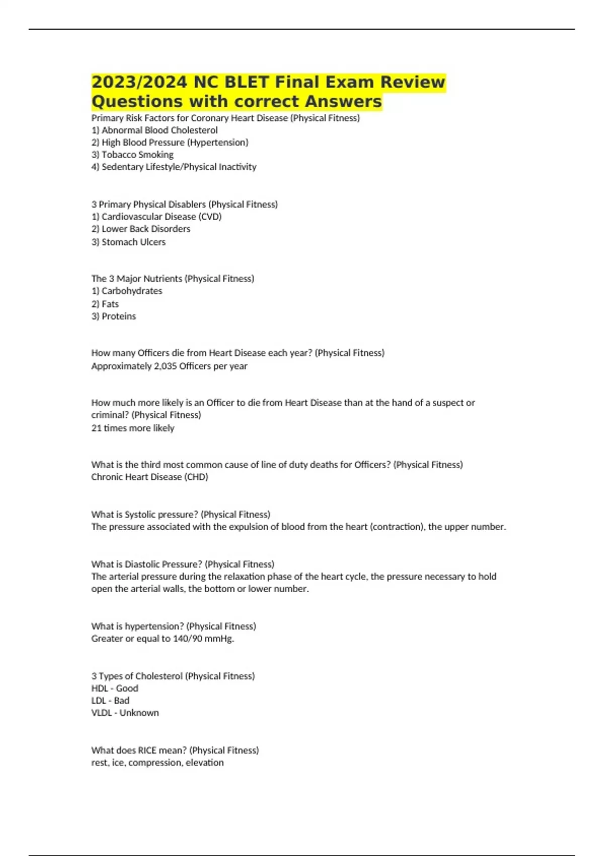 2023/2024 NC BLET Final Exam Review Questions with correct Answers - NC ...