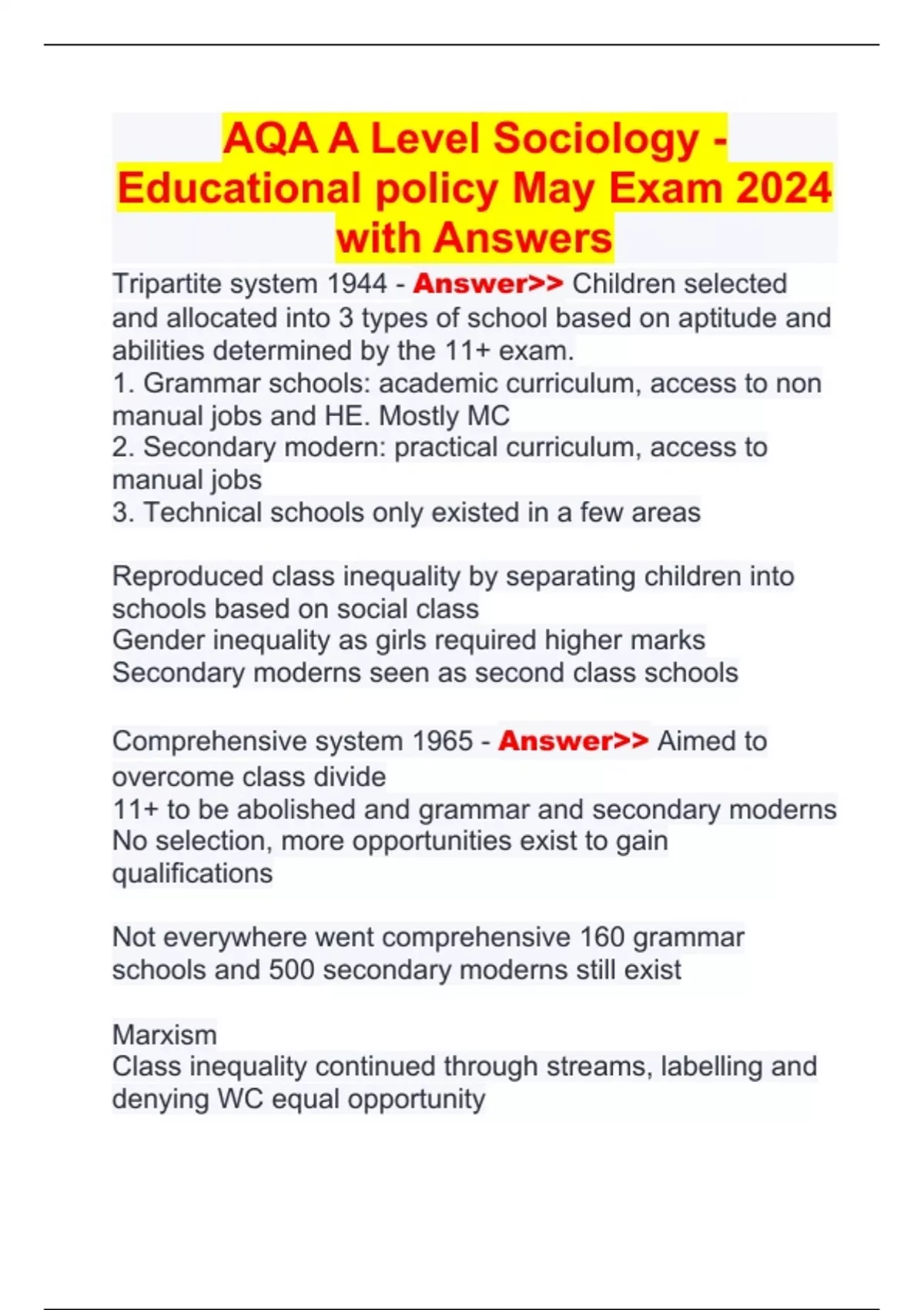 AQA A Level Sociology - Educational policy May Exam 2024 with Answers - A-level Sociology ...