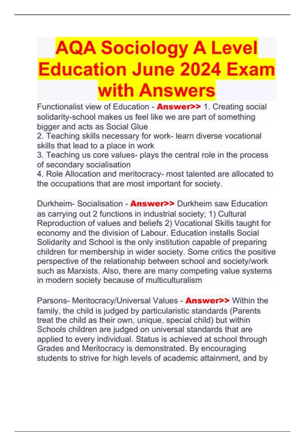 AQA Sociology A Level Education June 2024 Exam with Answers - A-level ...