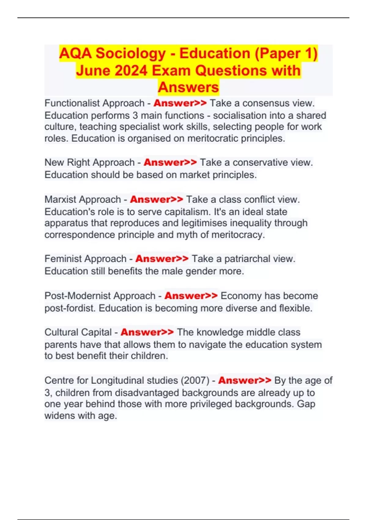 AQA Sociology - Education (Paper 1) June 2024 Exam Questions with ...