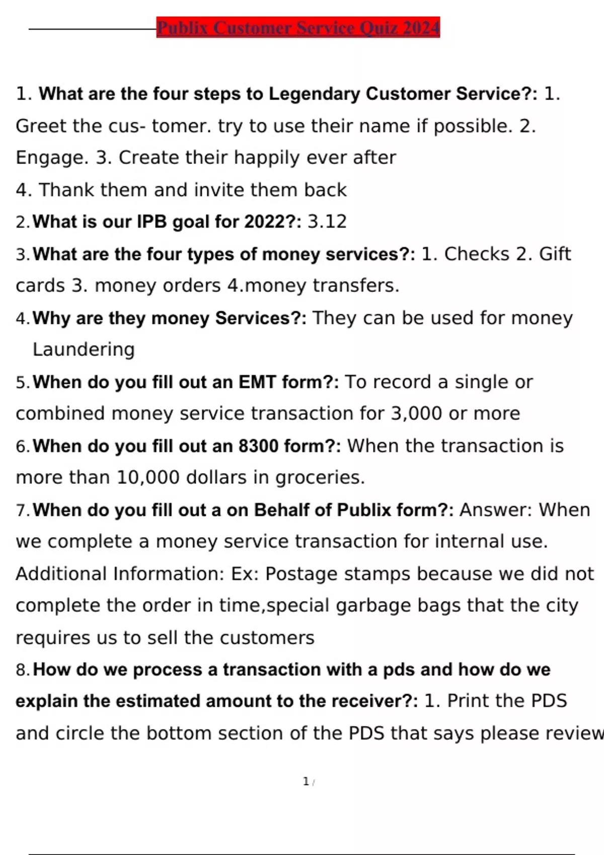 Publix Customer Service Quiz - Publix Customer - Stuvia US