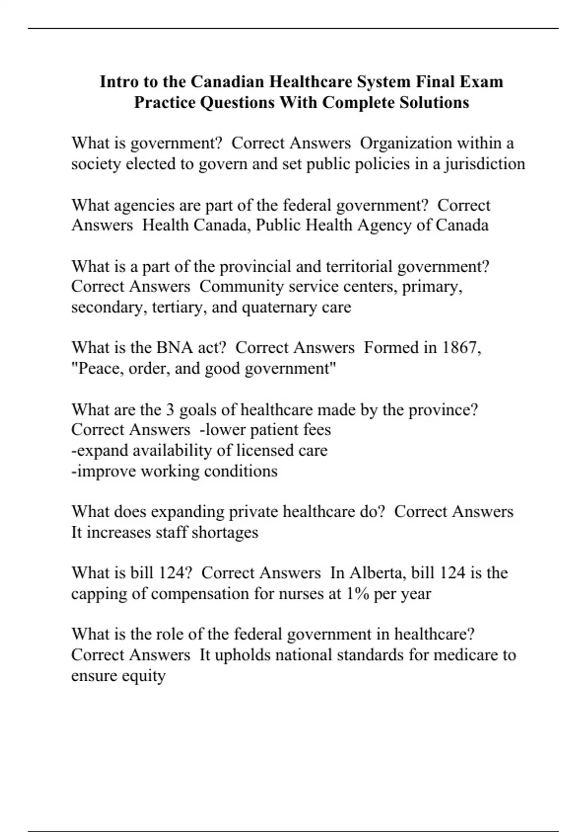 Intro to the Canadian Healthcare System Final Exam Practice Questions ...