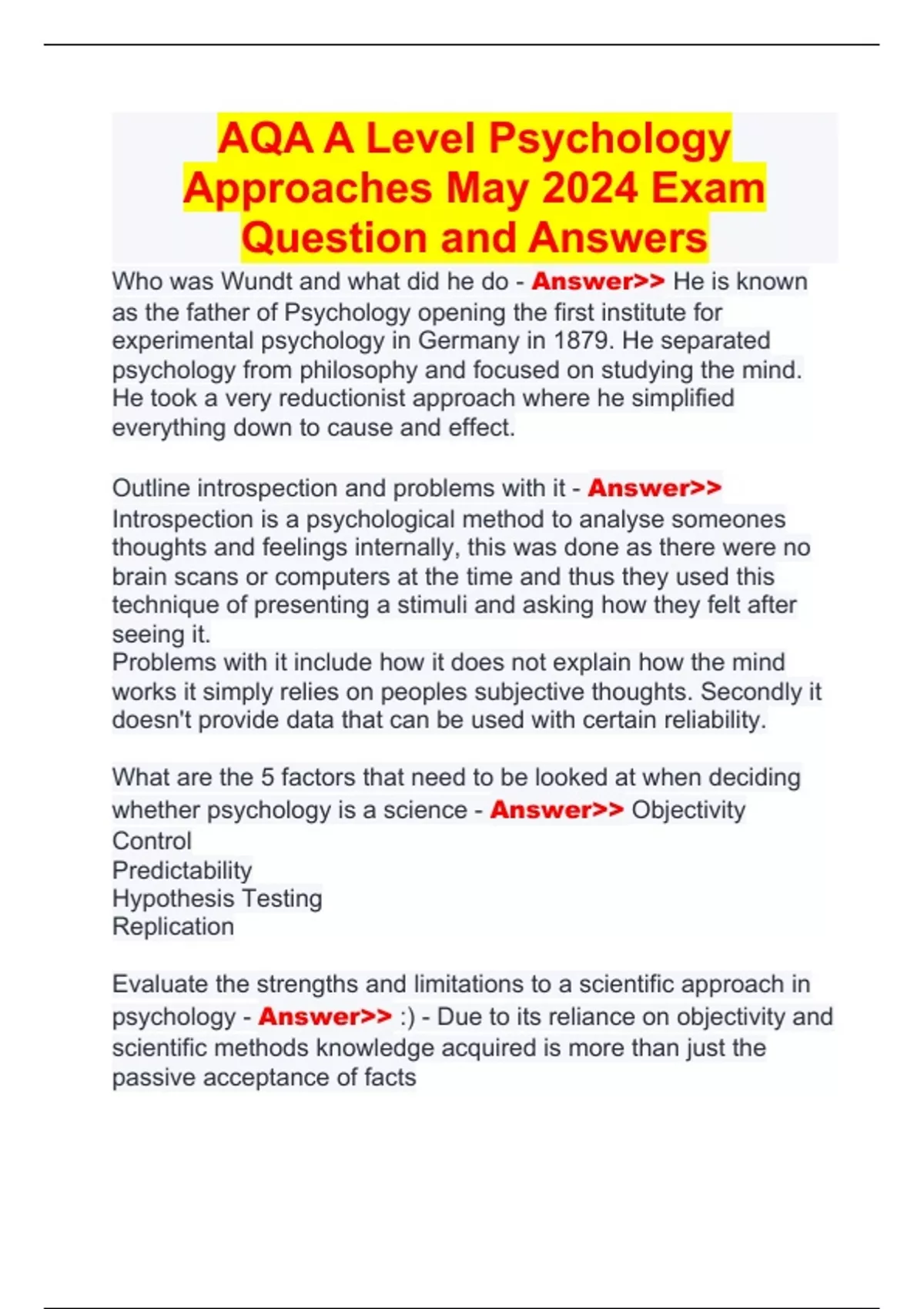 AQA A Level Psychology Approaches May 2024 Exam Question and Answers ...